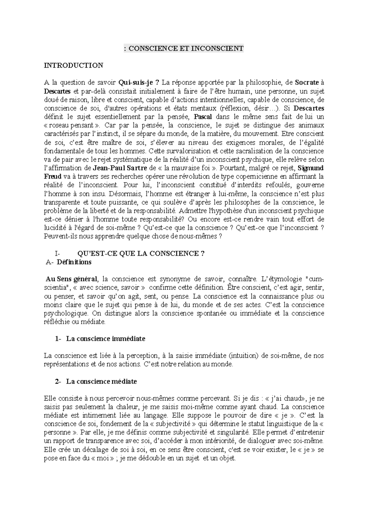 Conscience ET Inconscient - : CONSCIENCE ET INCONSCIENT INTRODUCTION A ...