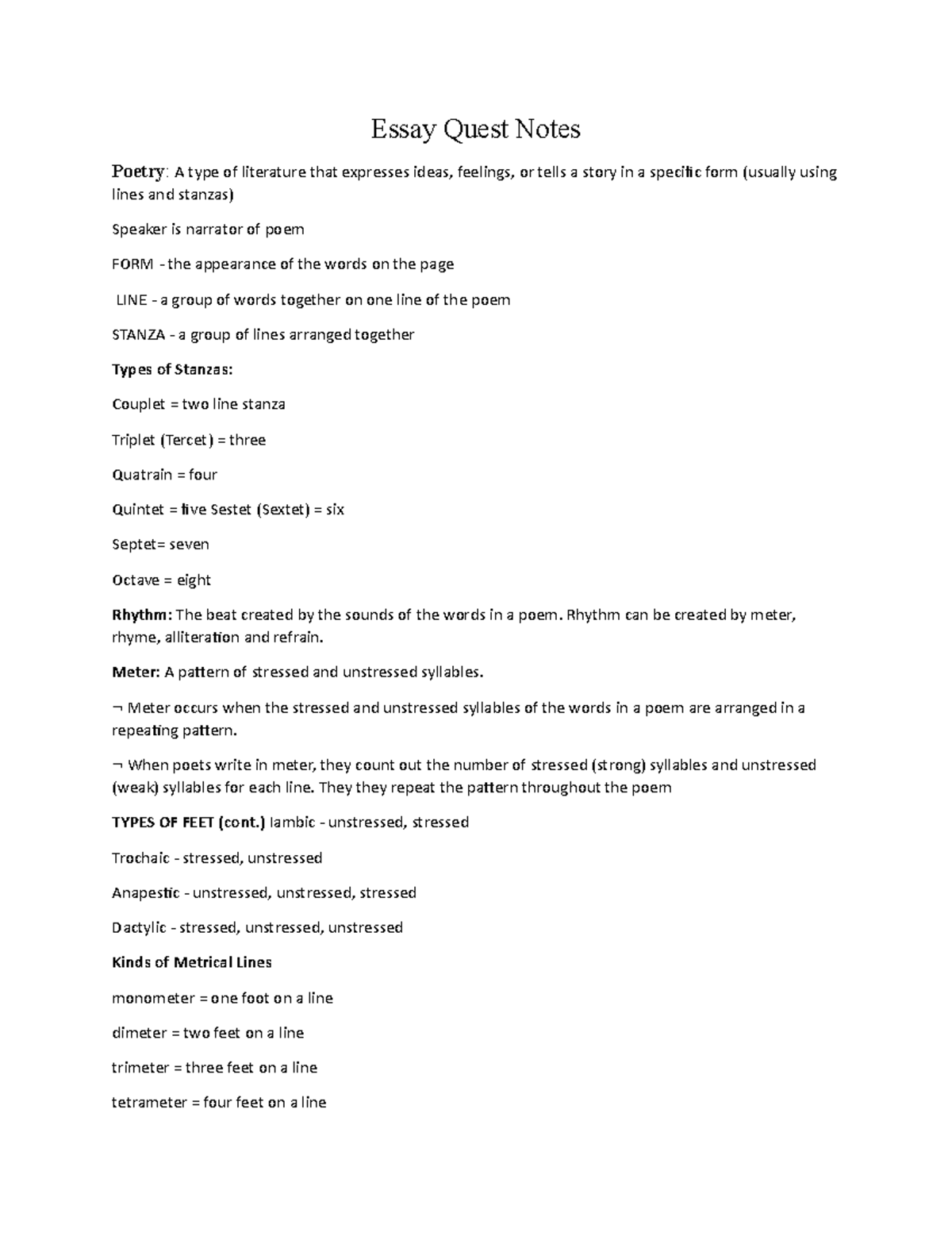 ENG4U Poetry Essay Quest Notes - Essay Quest Notes Poetry : A type of ...