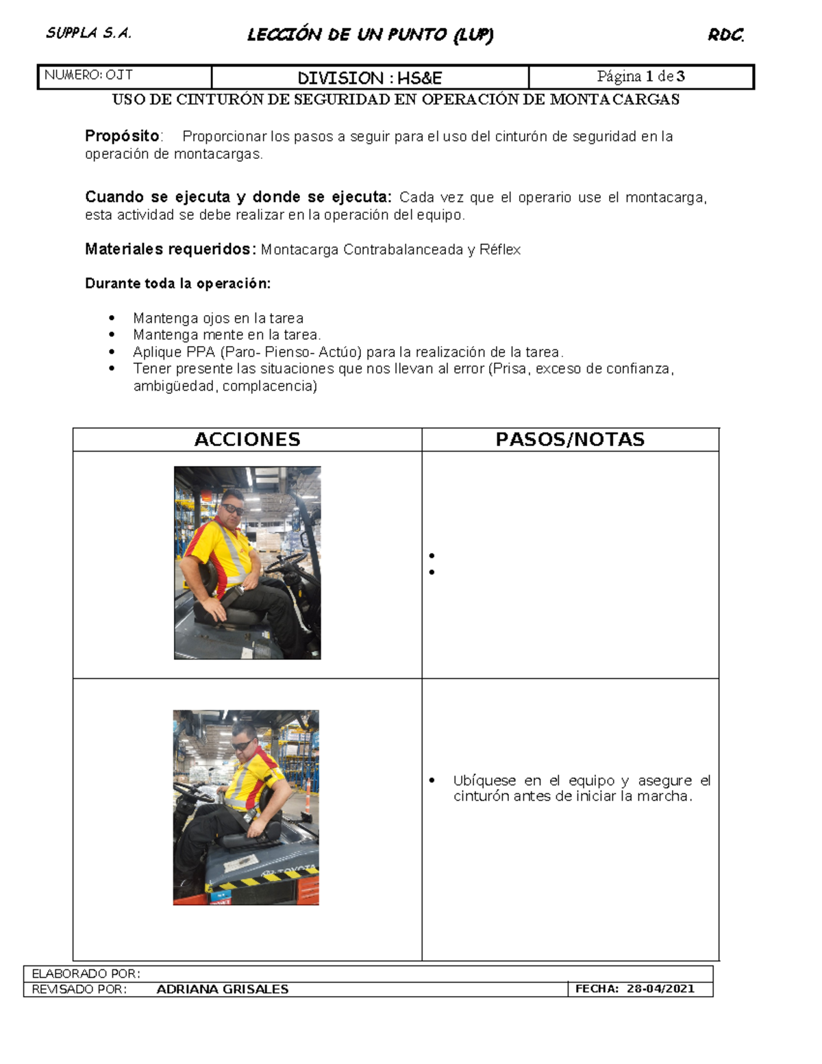 LUP Uso de cinturon de seguridad en operación de montacargas - USO DE ...