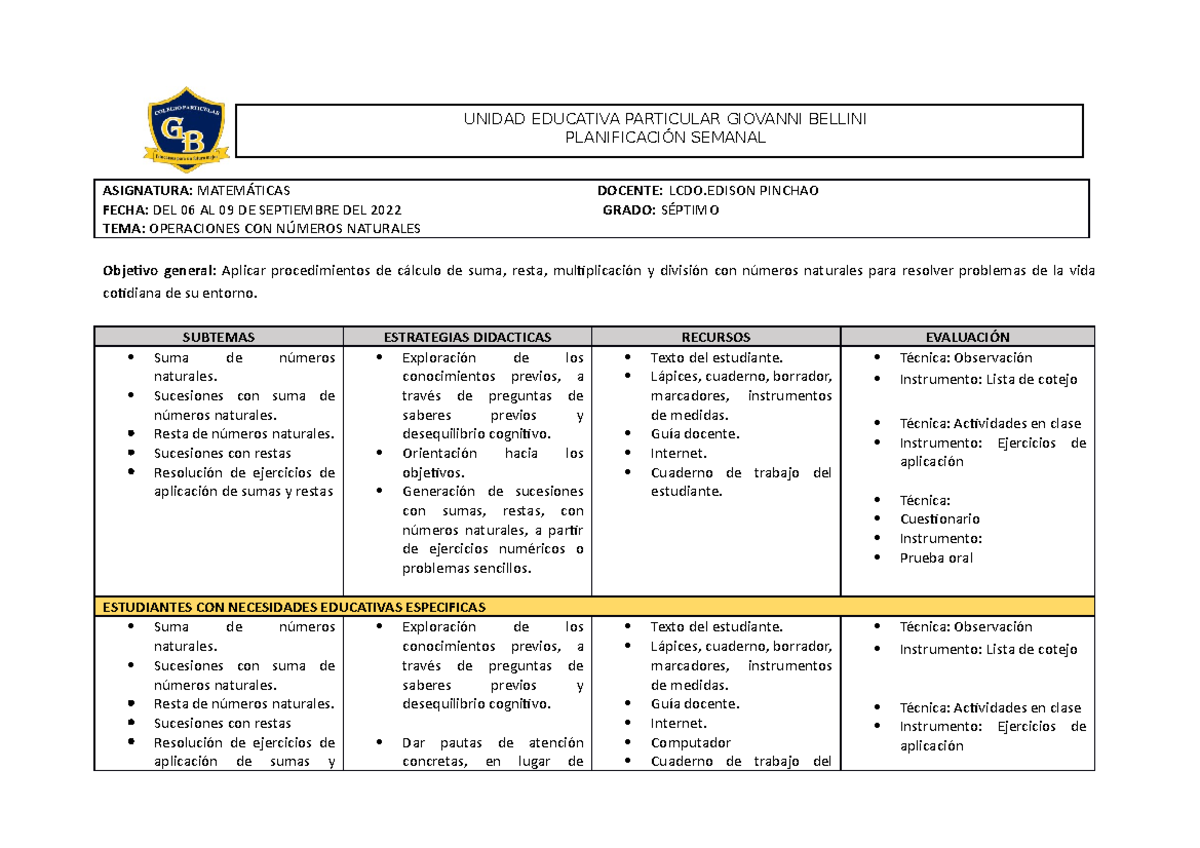 Planificación primaria semanal 1 - ASIGNATURA: MATEMÁTICAS DOCENTE ...