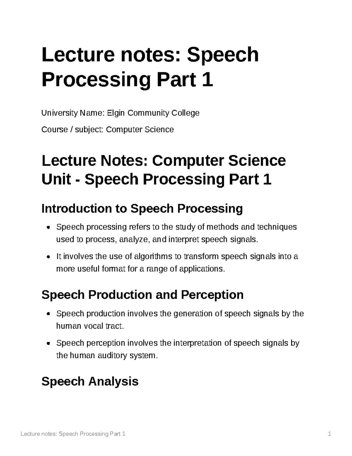 Lecture Notes Speech Processing Part 1 Lecture Notes Speech Processing Part 1 University Name