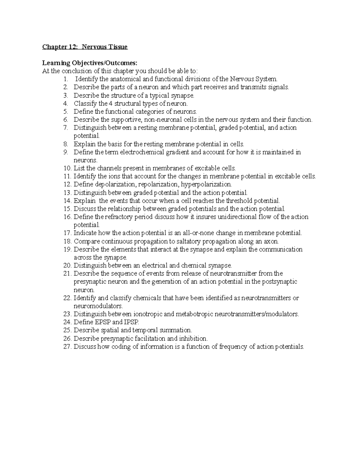 Chapter 12 expanded outline - Chapter 12: Nervous Tissue Learning ...