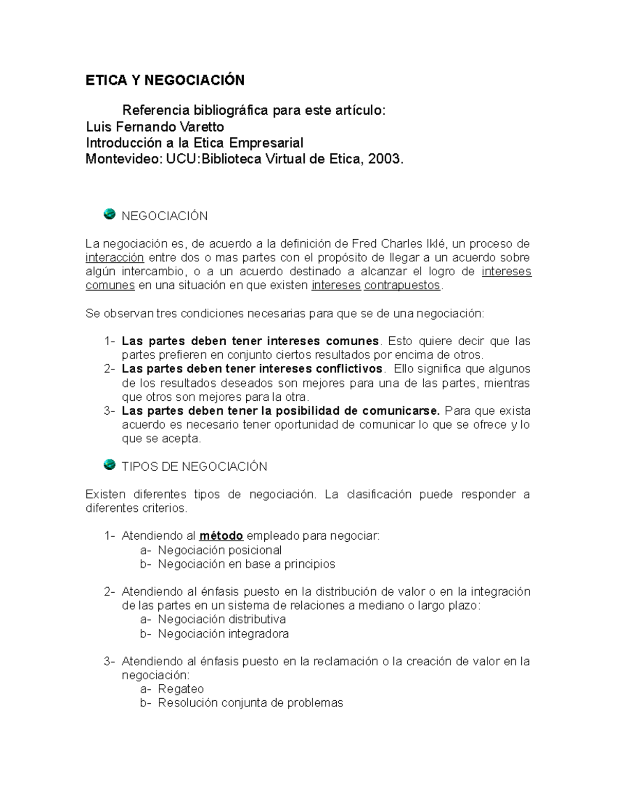 Etica Y Negociacion - La negociación es, de acuerdo a la definición de ...