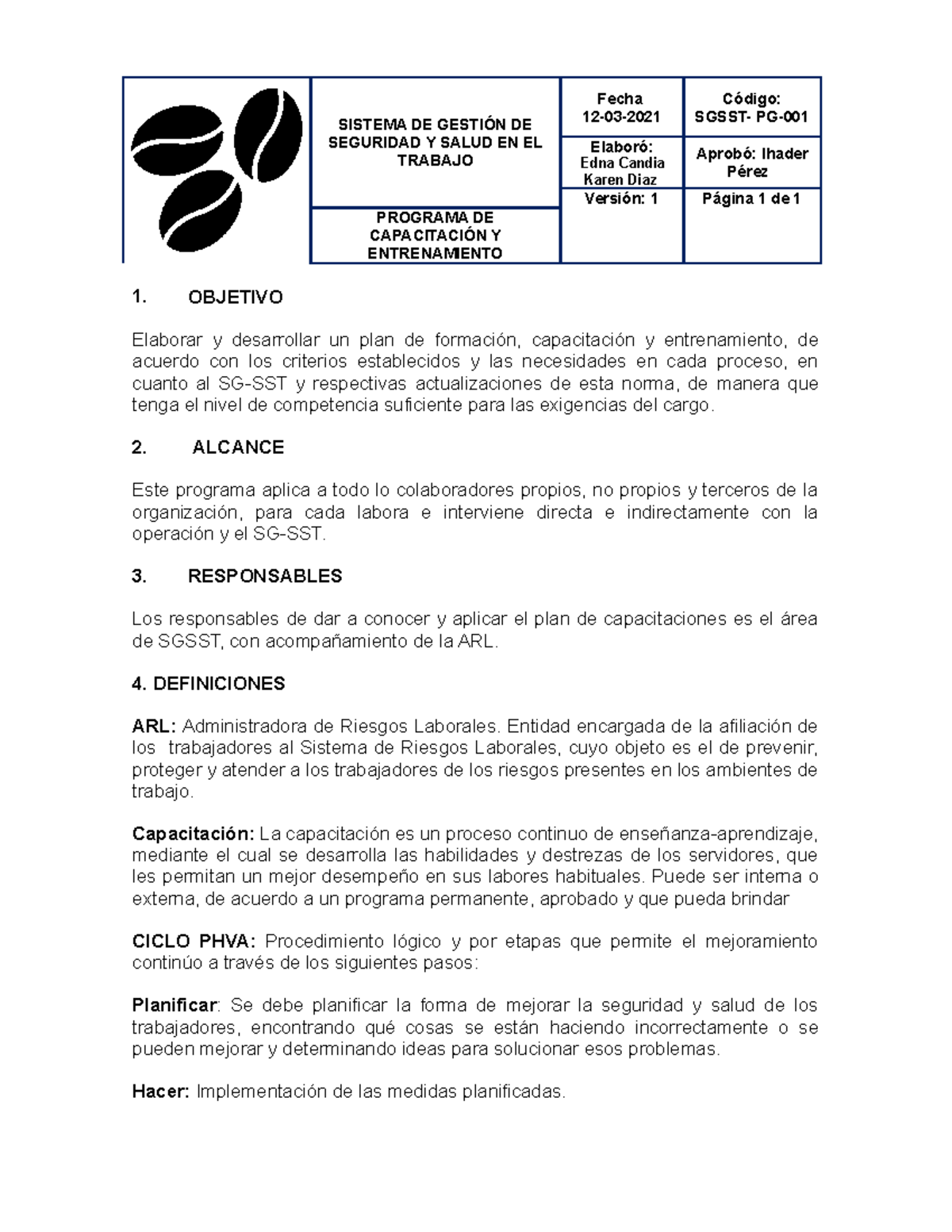 Sgsst-PG-001 Programa DE Capacitacion Y Entrenamiento. - SISTEMA DE GESTIÓN DE SEGURIDAD Y SALUD ...