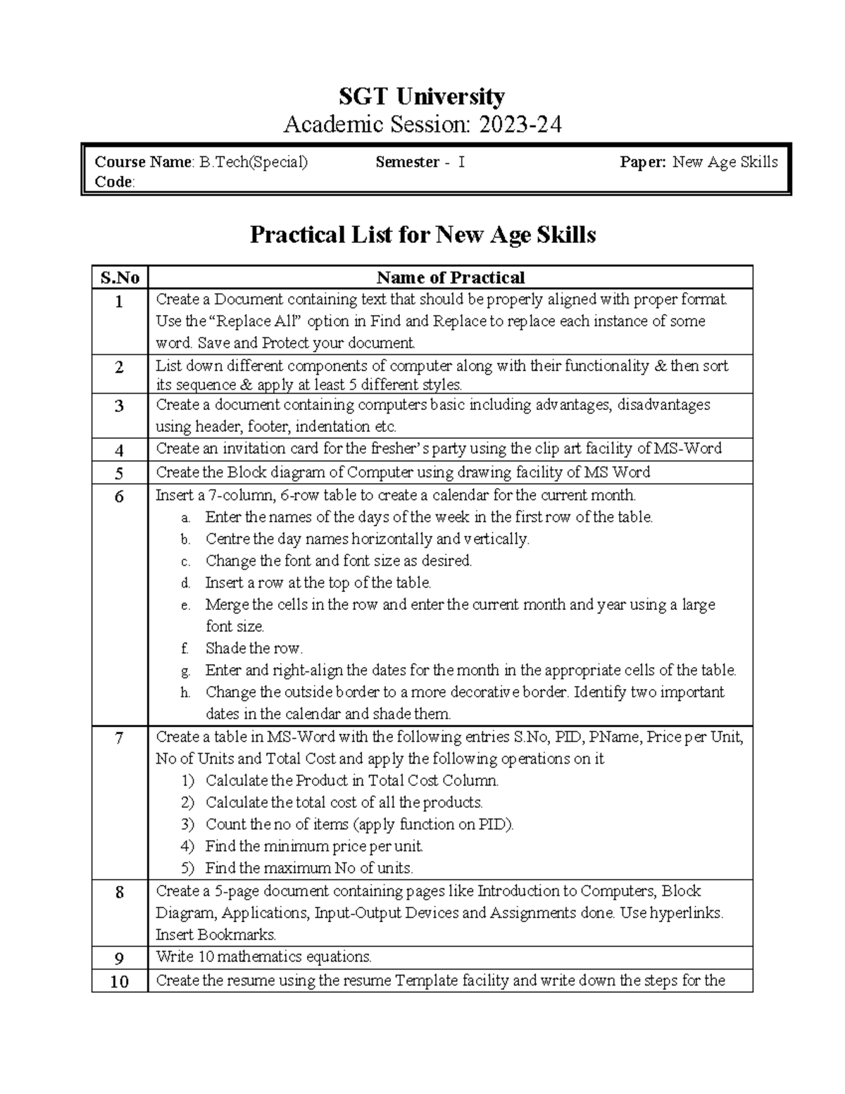 Newageskills - SGT University Academic Session: 2023- Practical List ...
