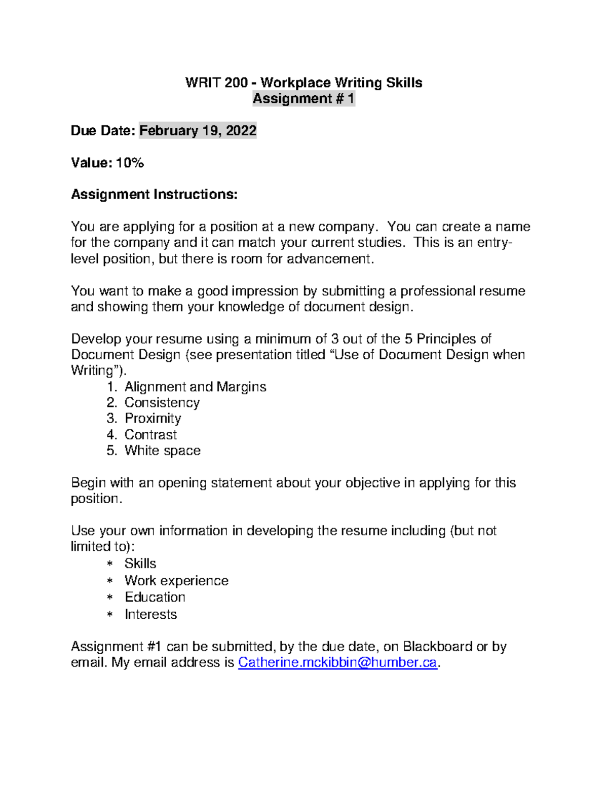 WRIT 200 - Assignment #1 - Winter 2022 - WRIT 200 - Workplace Writing ...
