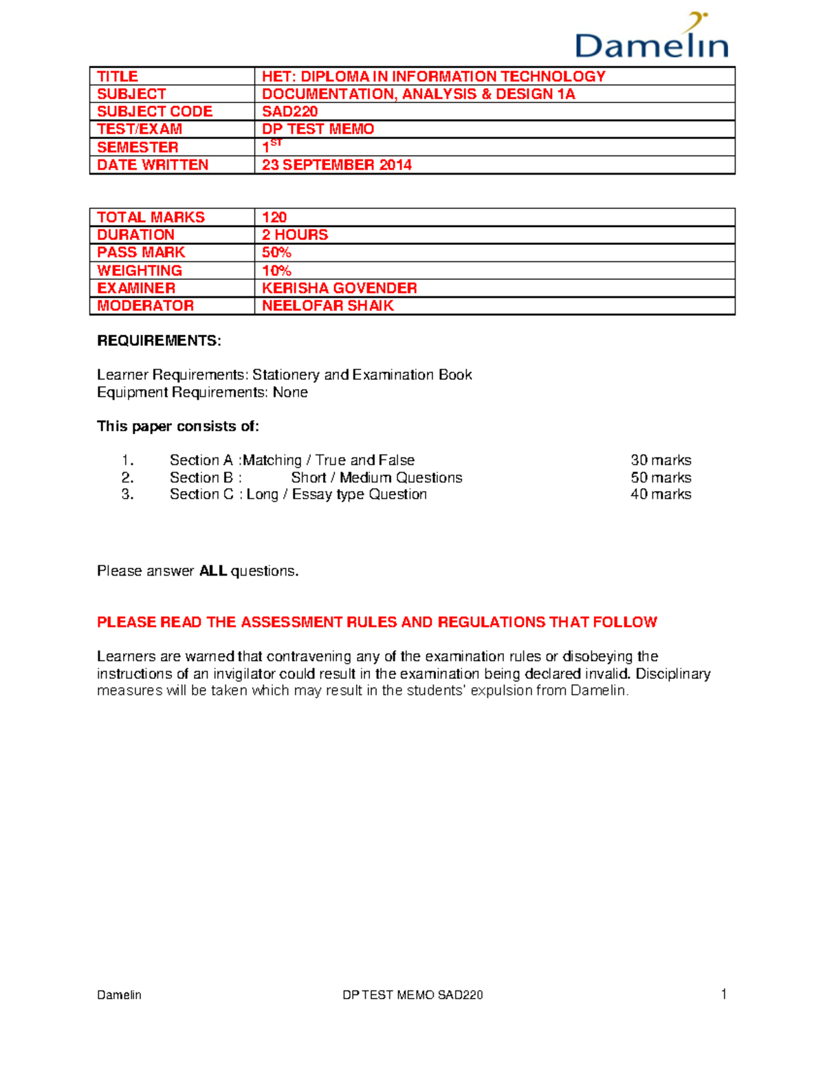Doc Analysis & Design 1B Test Memo - TITLE HET: DIPLOMA IN INFORMATION ...
