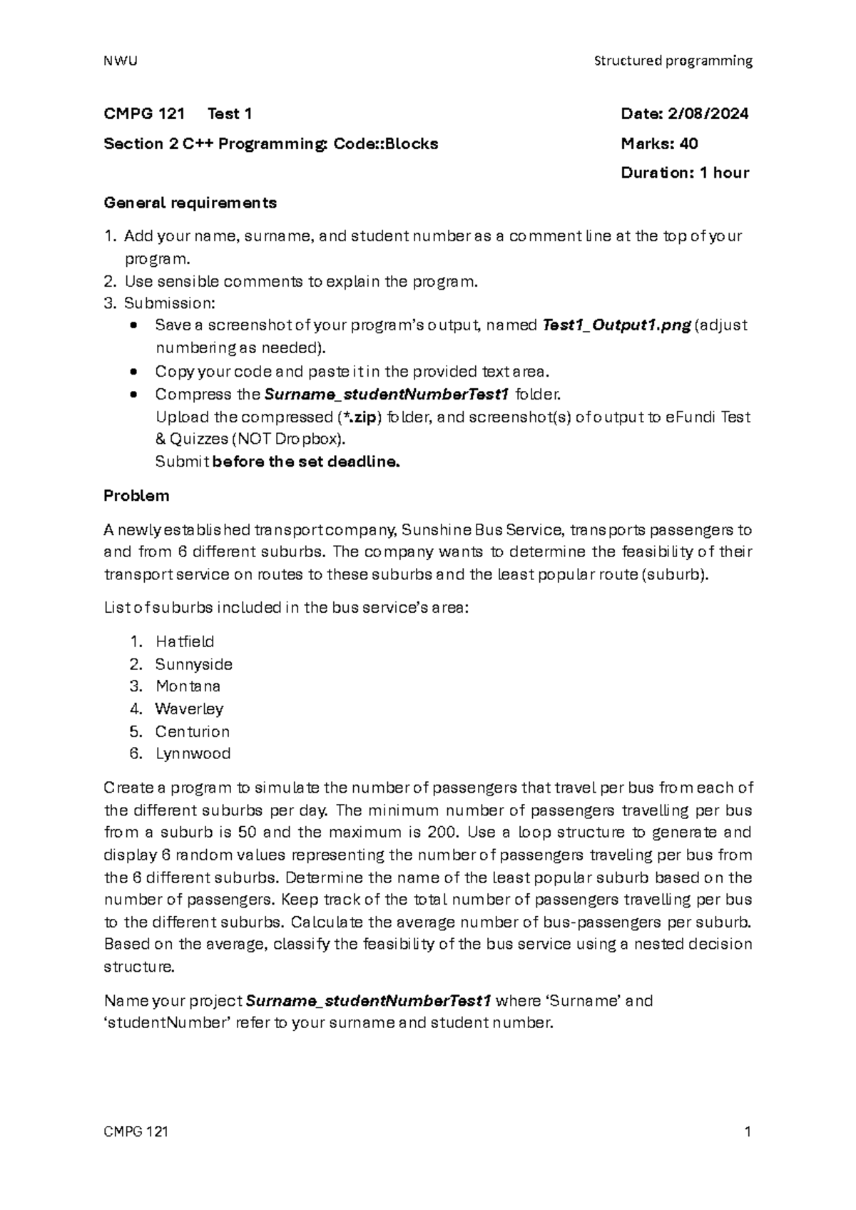 CMPG 121 Test 1 Distance - CMPG 121 Test 1 Date: 2/08/ Section 2 C ...