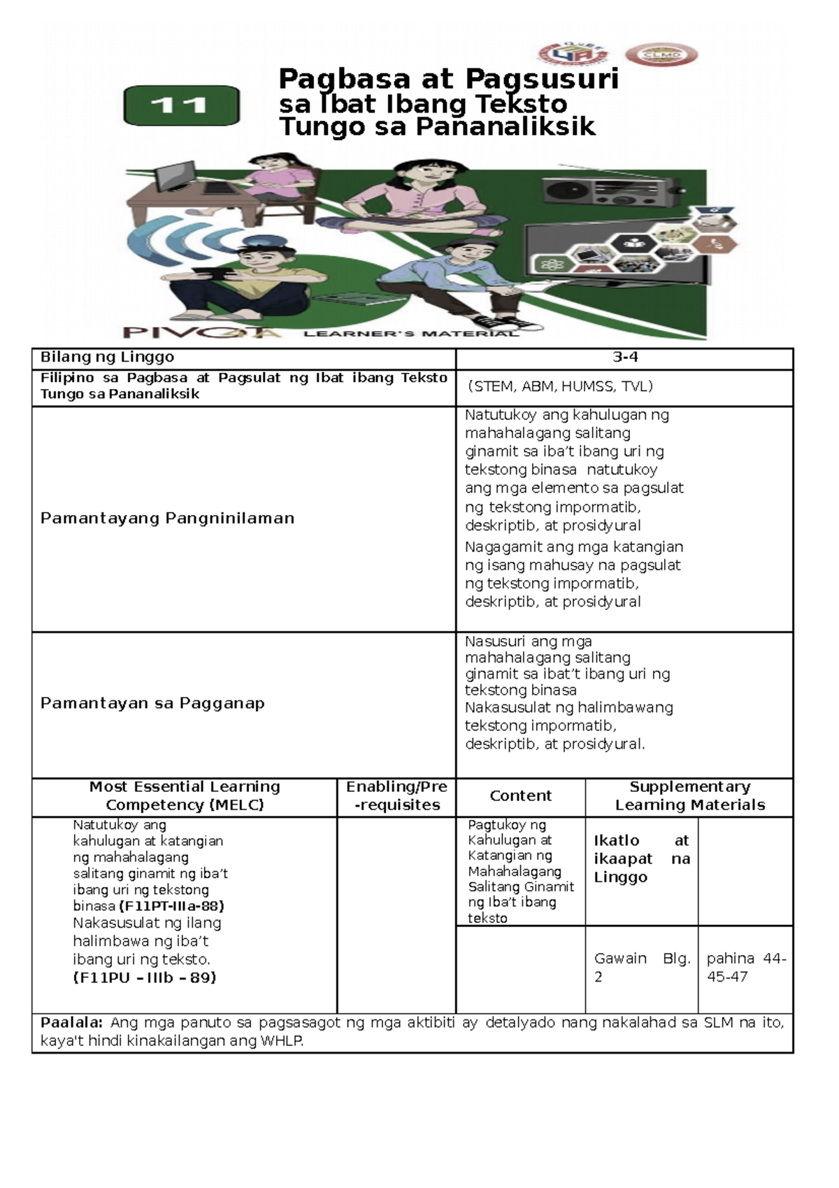 Q3 Pagbasa Packets WEEK 3 4 checked - Pagbasa at Pagsusuri ####### sa ...