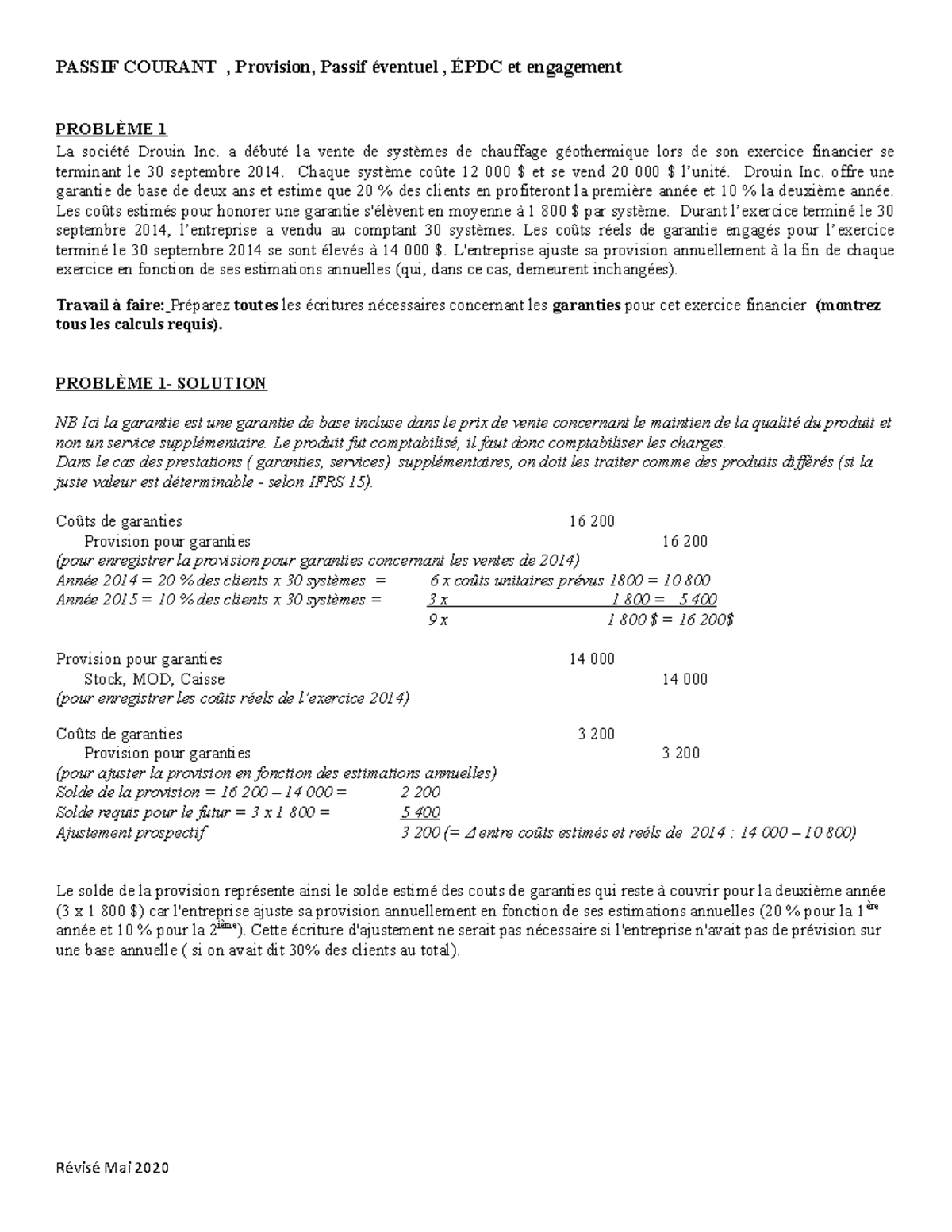 Thème 2- Passif courant et provisions - PROBLÈME 1 La société Drouin ...