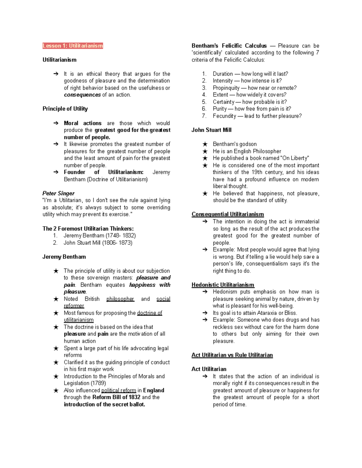 Midterm Reviewer in Ethics - Lesson 1: Utilitarianism Utilitarianism It ...