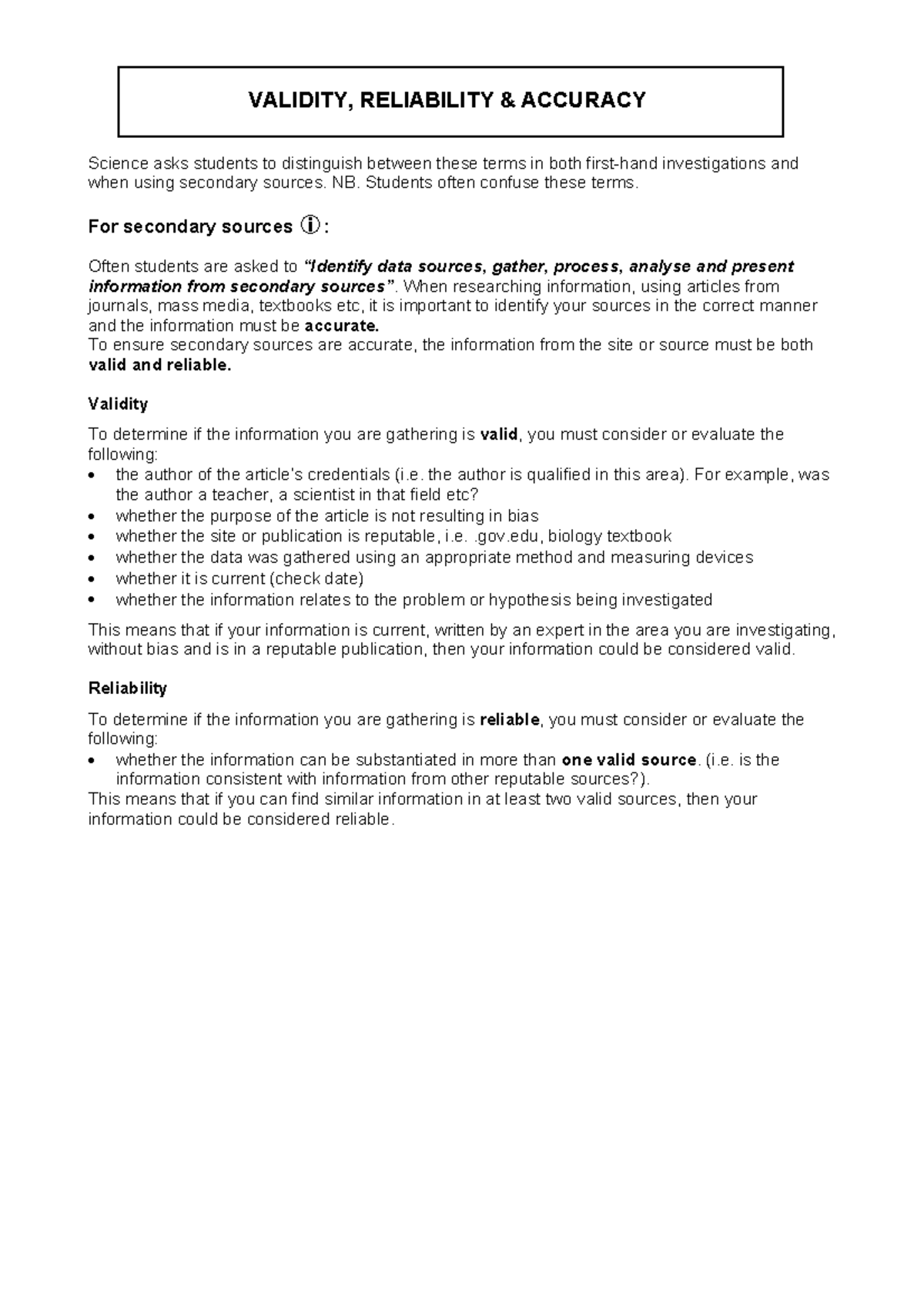 Validity Reliability and Accuracy - Science asks students to ...