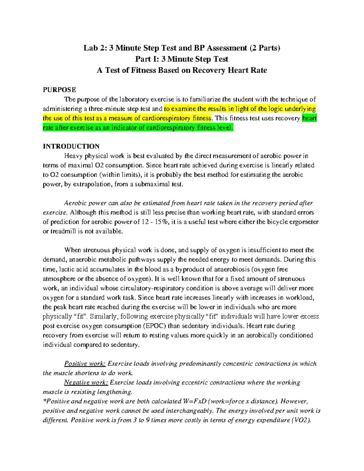Lab 2 - 3 Minute Step Test and BP Assessment (2 Parts) - Lab 2: 3 ...
