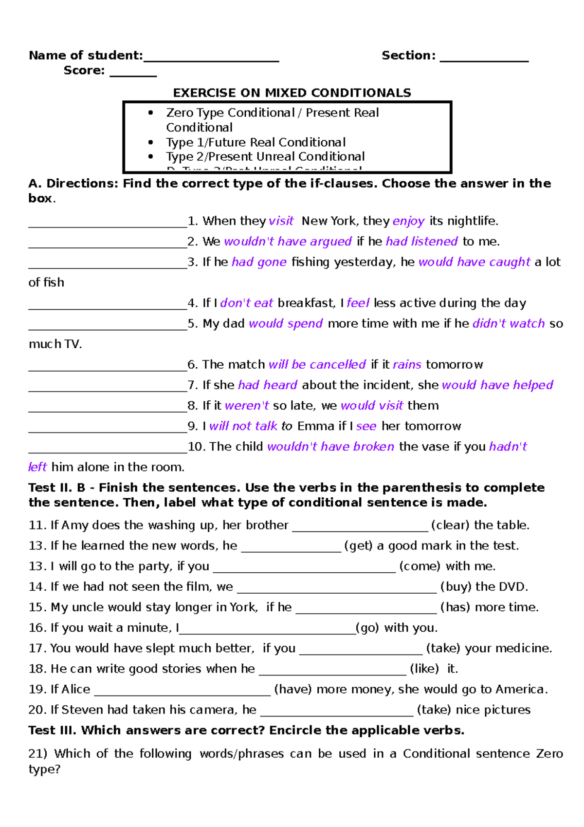 Mixed conditional activity - Name of student ...