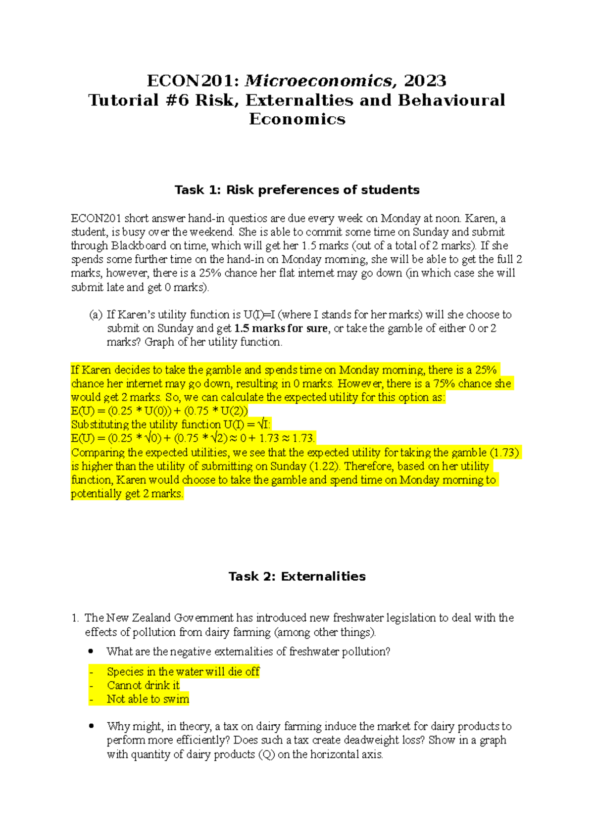 Econ201 2023 Tutorial 61 Econ201 Microeconomics 2023 Tutorial 6 Risk Externalties And 