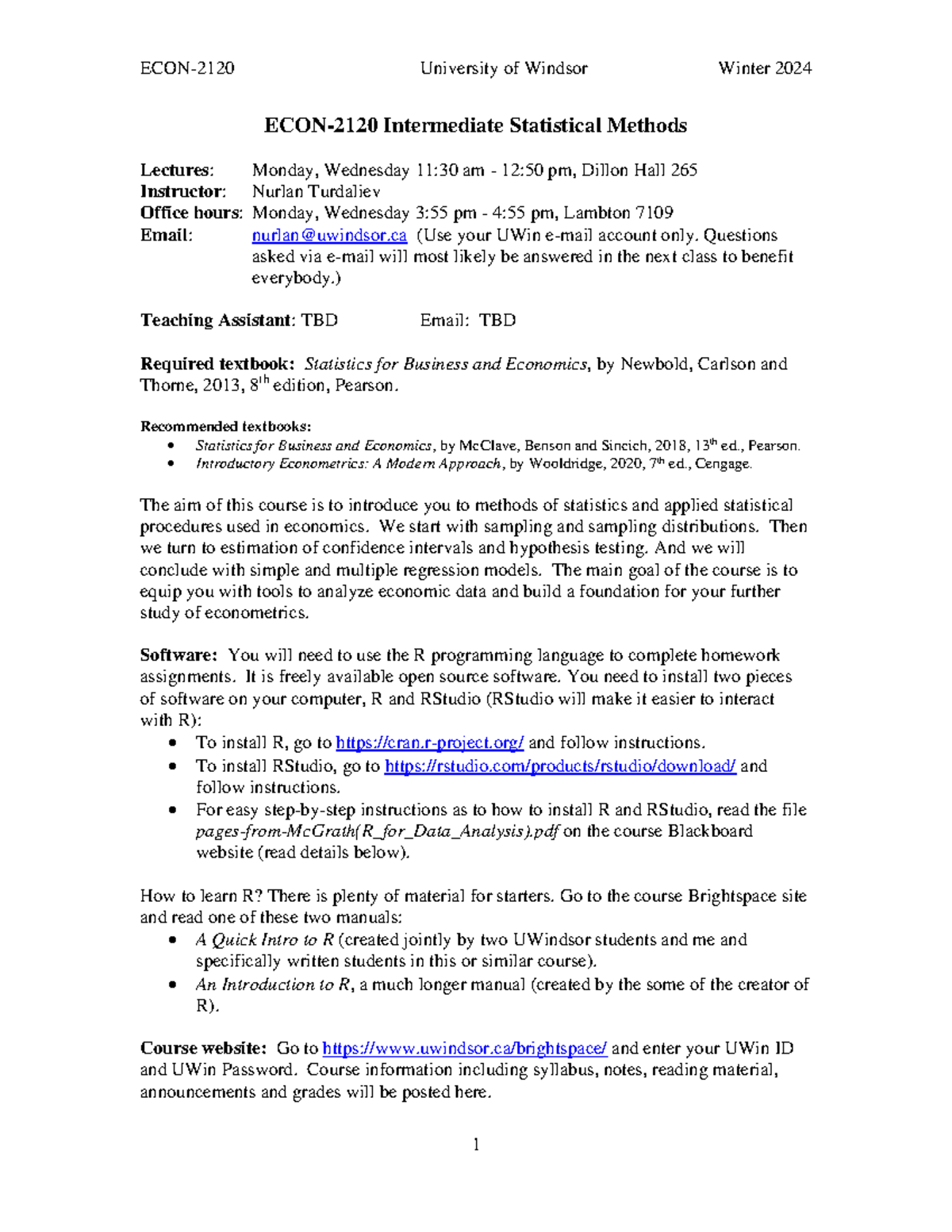 Syllabus ECON 2120 (2024W) - ECON-2120 Intermediate Statistical Methods ...