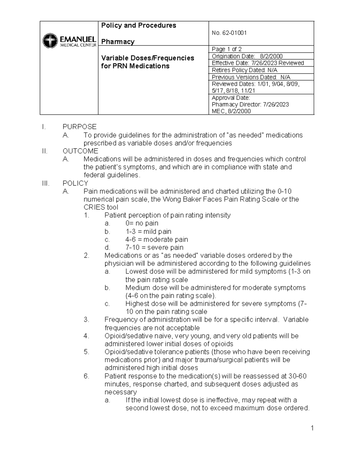 EMC PHAR 62-01001 Variable Doses Frequencies for PRN Medications ...