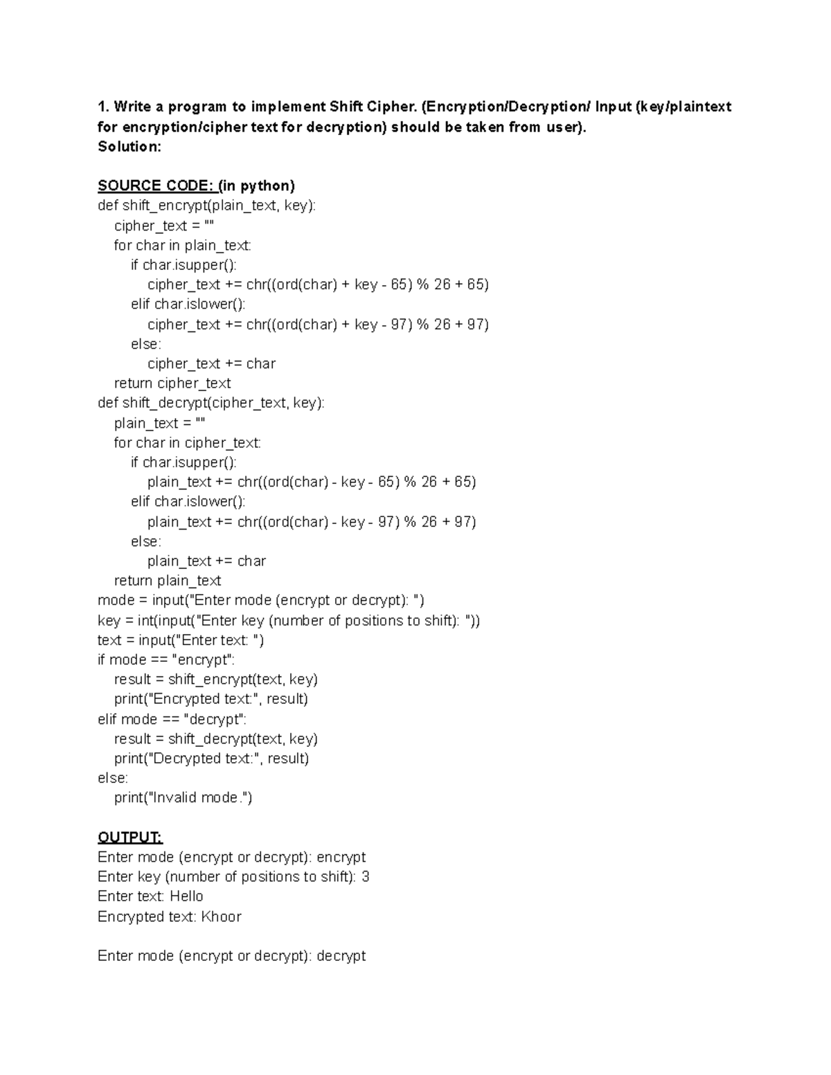 Cryptography - Lab Report sample - Write a program to implement Shift Cipher. - Studocu