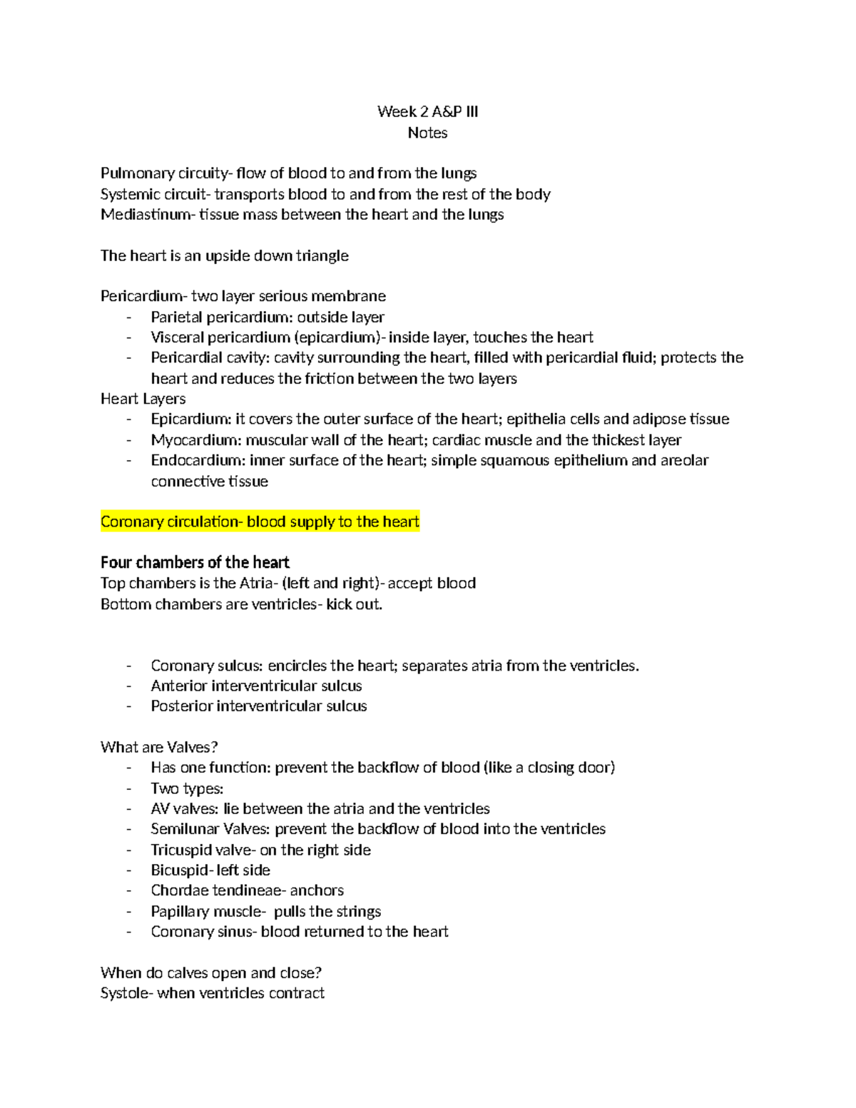 A&P 3 Week 2 Notes - Week 2 A&P III Notes Pulmonary circuity- flow of ...