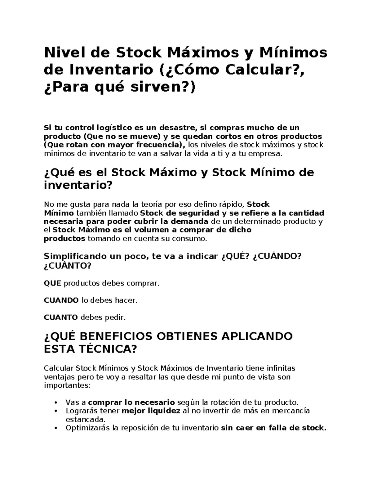 Nivel de Stock Máximos y Mínimos de Inventario - Nivel de Stock Máximos ...