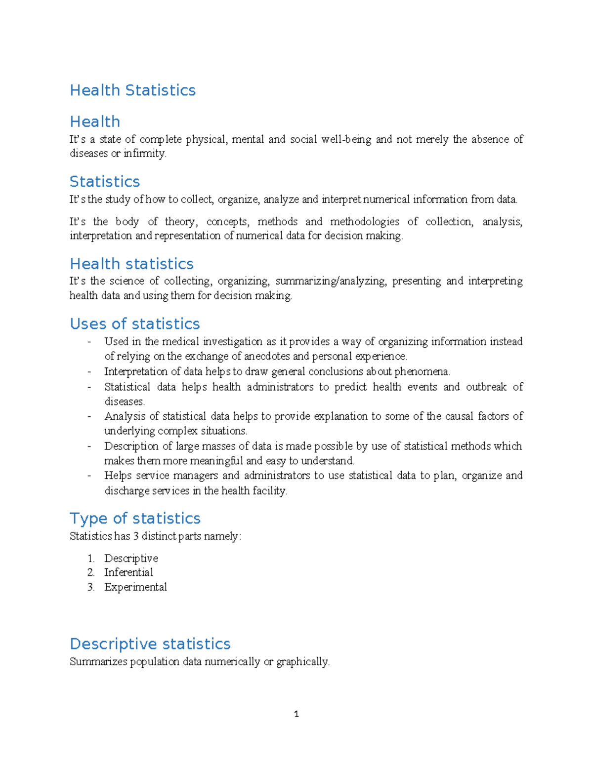 Statistics notes - Health Statistics Health It’s a state of complete ...