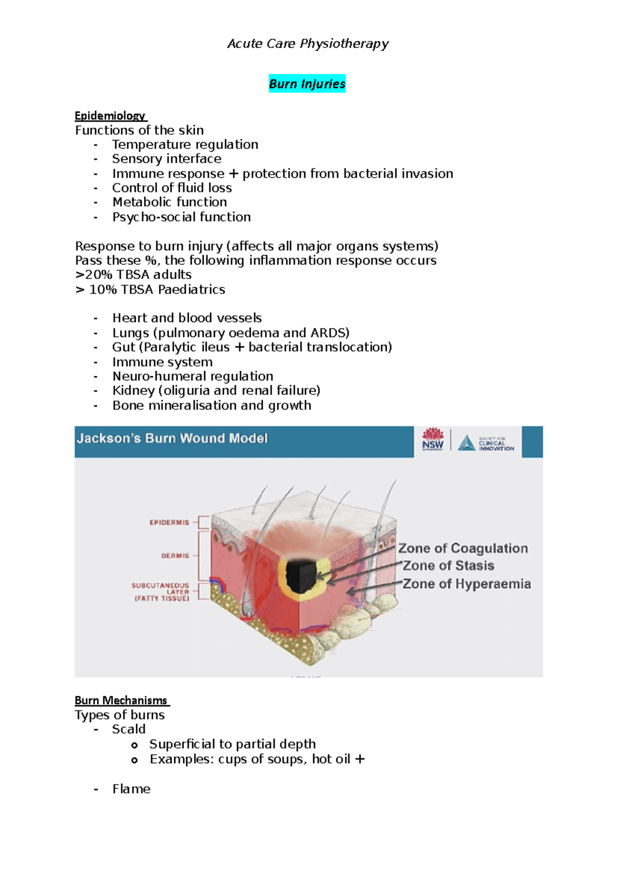 Burn Injury Lecture Notes - Burn Injuries Epidemiology Functions of the ...