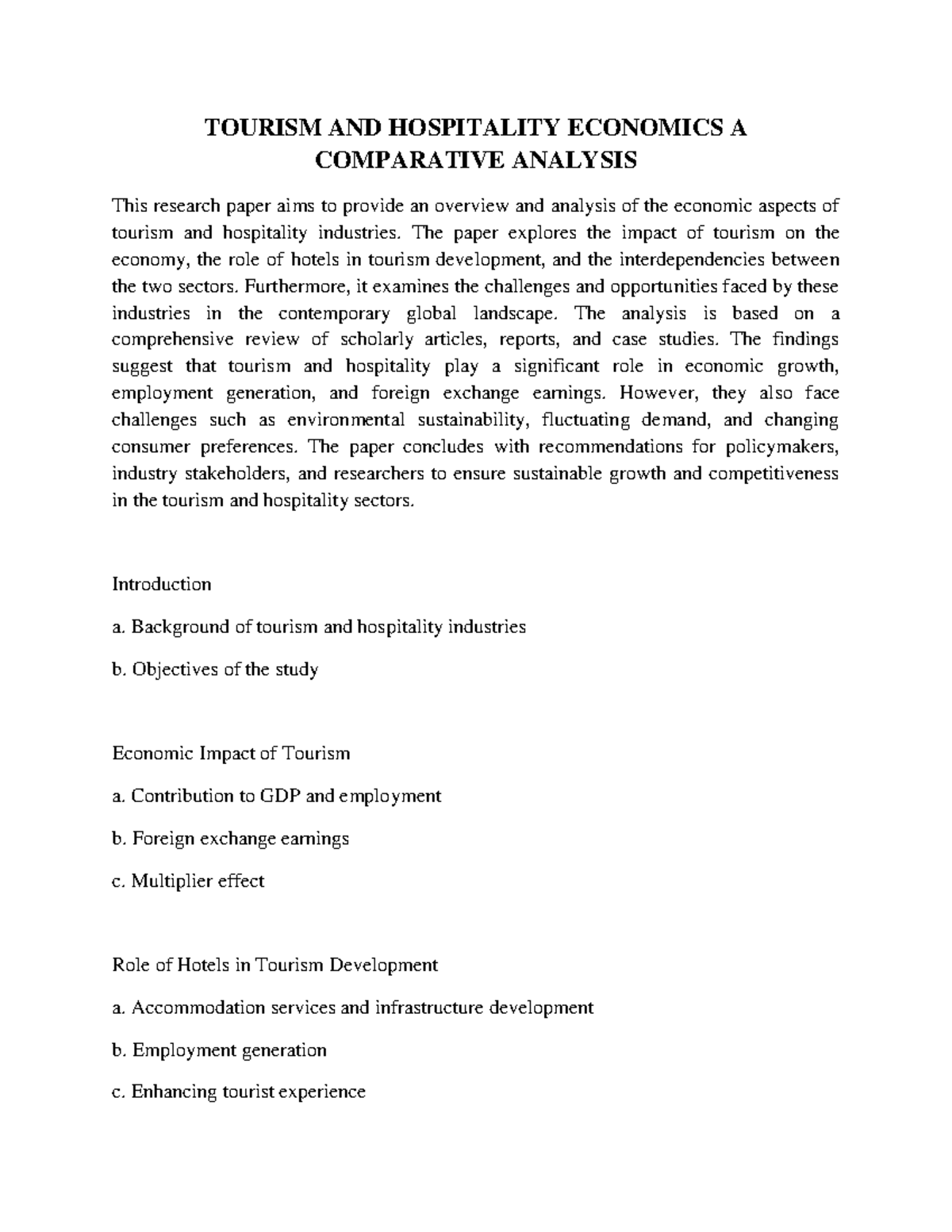Tourism AND Hospitality Economics A Comparative Analysis - TOURISM AND ...