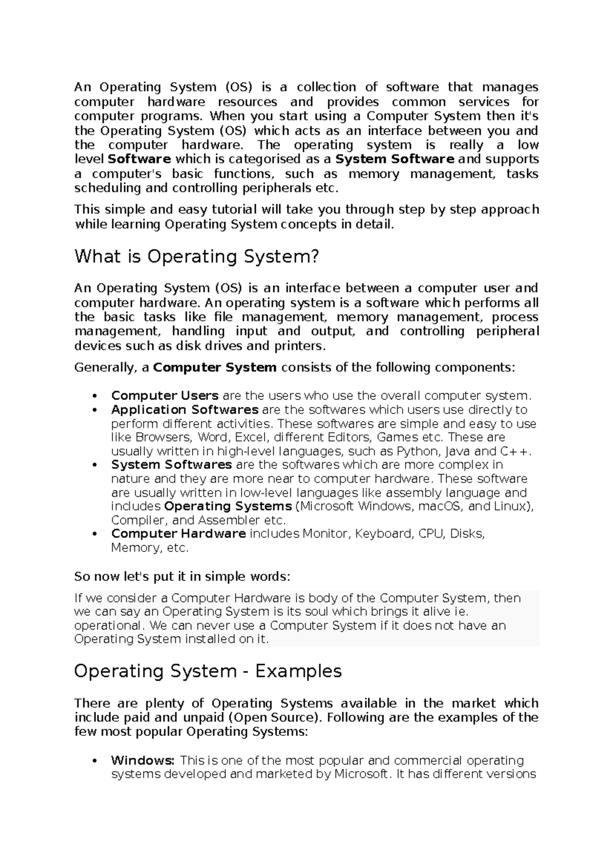 Operating Systems Basics An Operating System Os Is A Collection Of Software That Manages