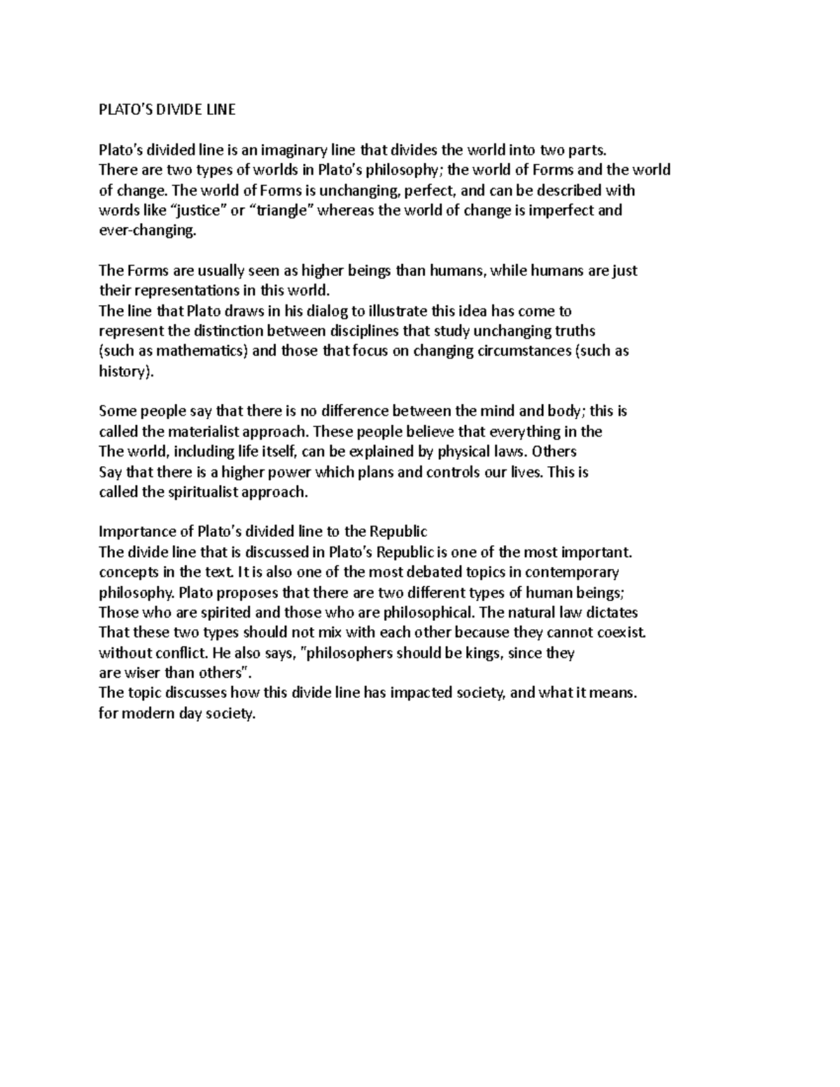 Plato'S Divide LINE - PLATO’S DIVIDE LINE Plato’s divided line is an ...