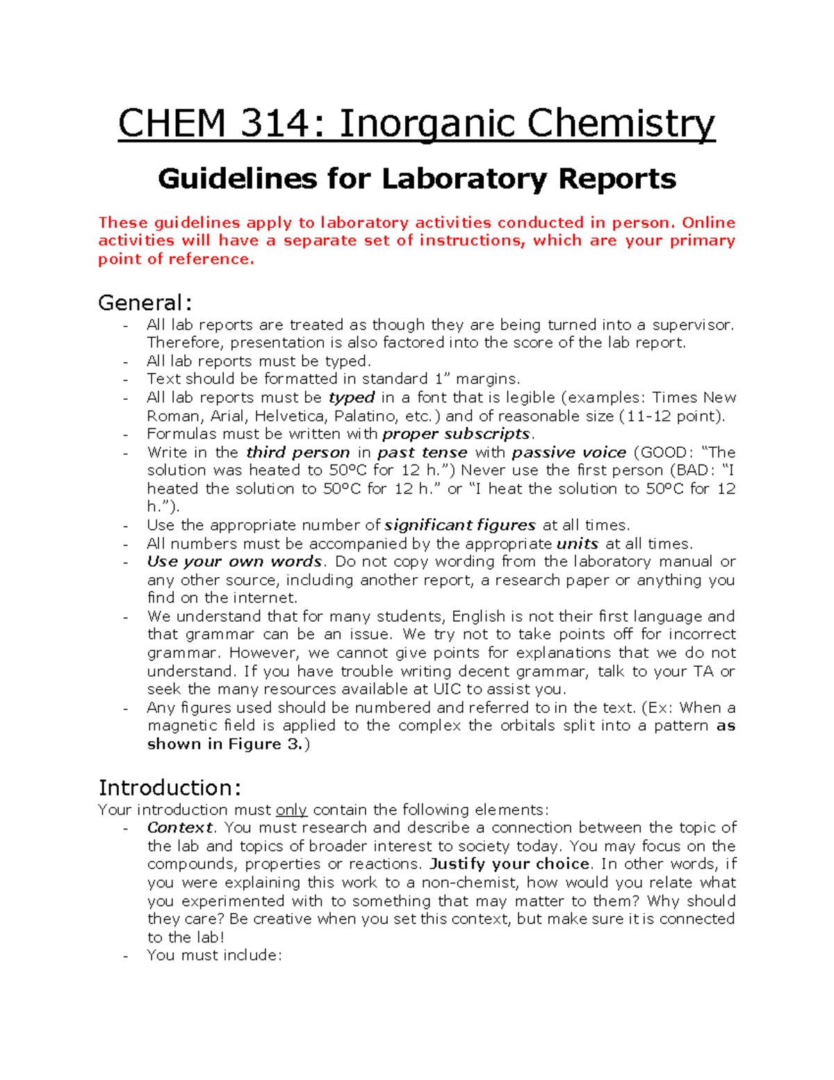 How to write lab reports - CHEM 314: Inorganic Chemistry Guidelines for ...