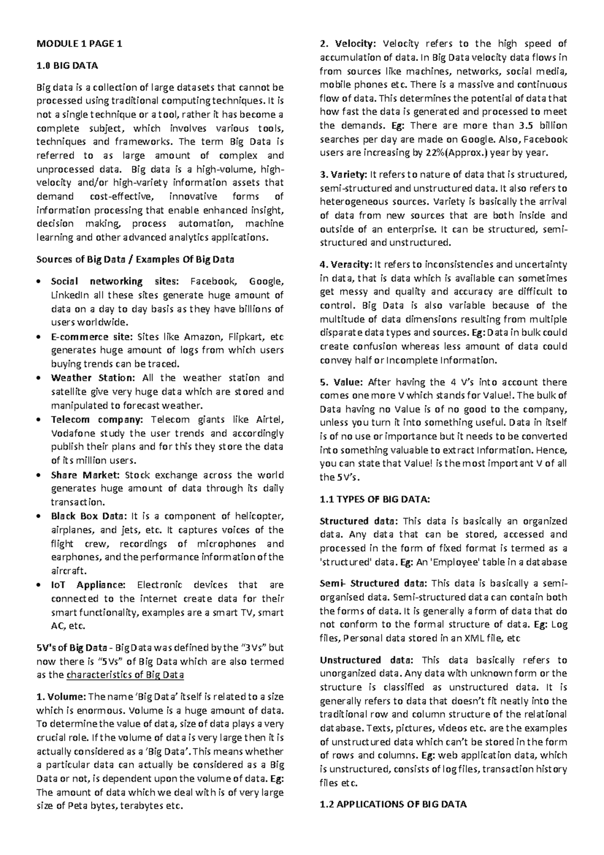 Big Data Mod 1 Lecture Notes Module 1 Page 1 1 Big Data Big Data Is A Collection Of Large