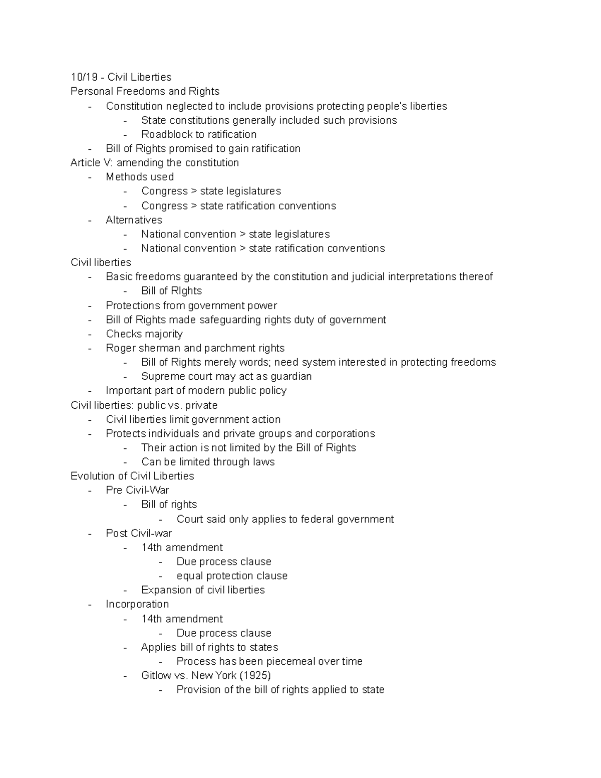 Government Notes Final Exam - 10/19 - Civil Liberties Personal Freedoms ...