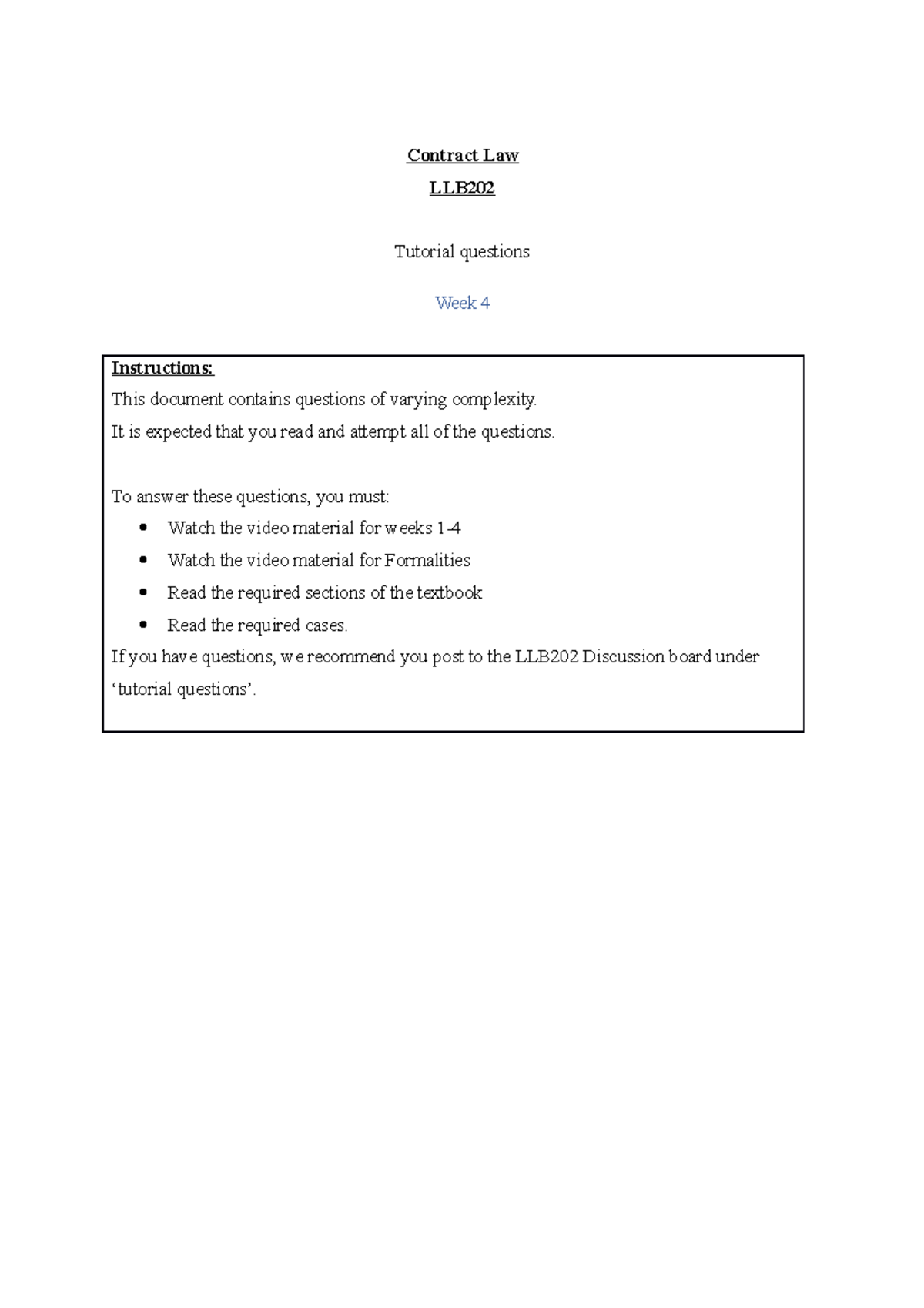 LLB202 W4 Tutorial Questions-1 - Contract Law LLB Tutorial questions ...