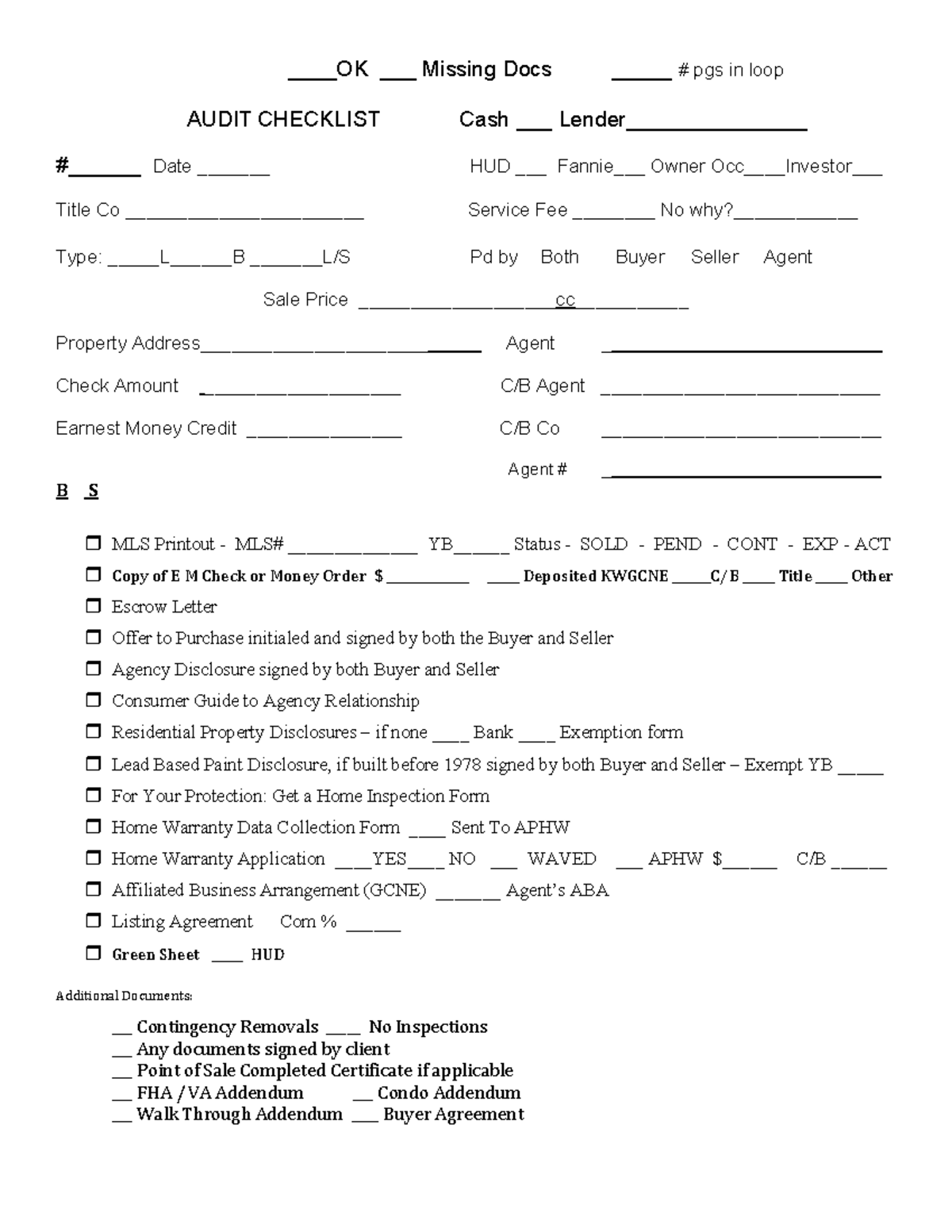 Audit checklist - Sales 3-2017 - ____OK ___ Missing Docs AUDIT ...