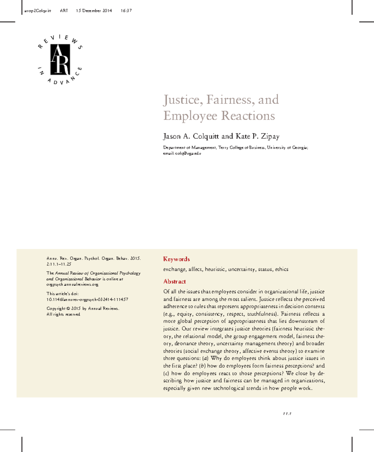 Colquitt Zipay 2015 - Justice, Fairness, and Employee Reactions Jason A ...