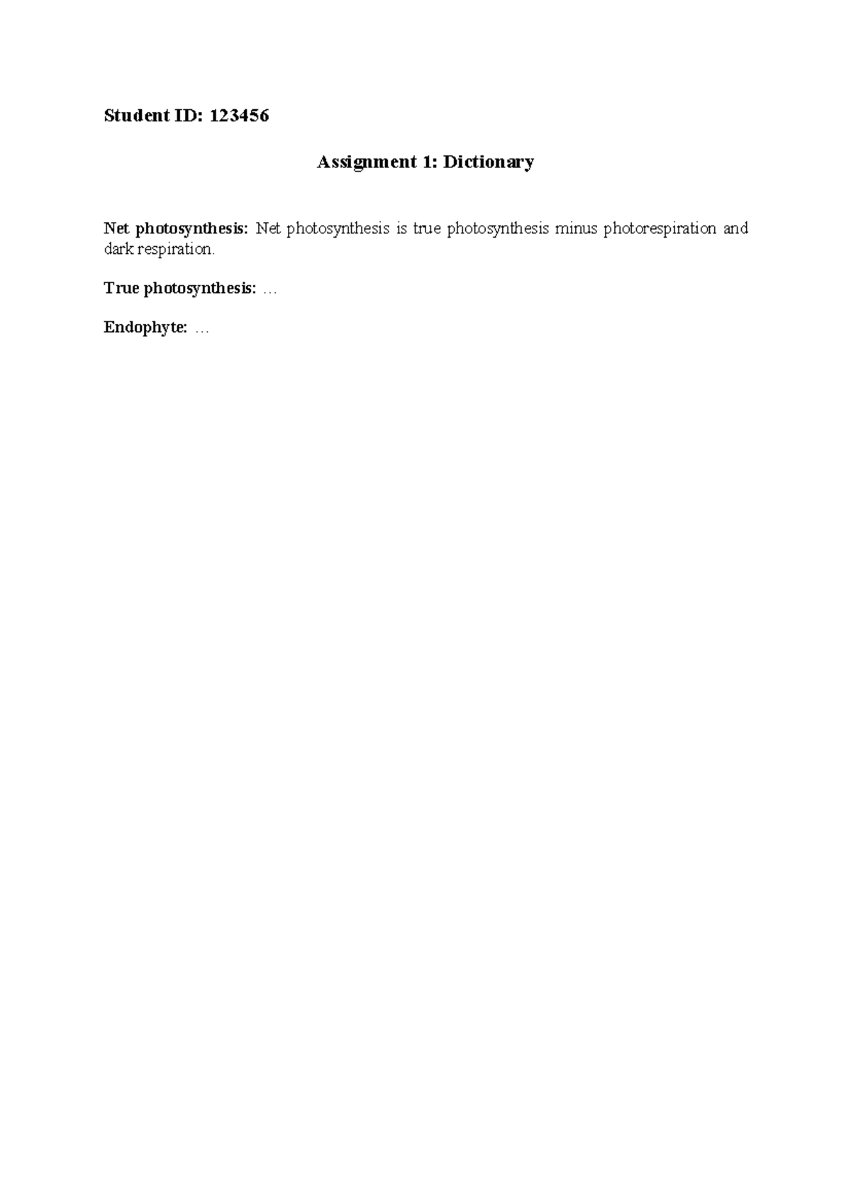 BTN215 Assignment Example - Student ID: 123456 Assignment 1: Dictionary ...