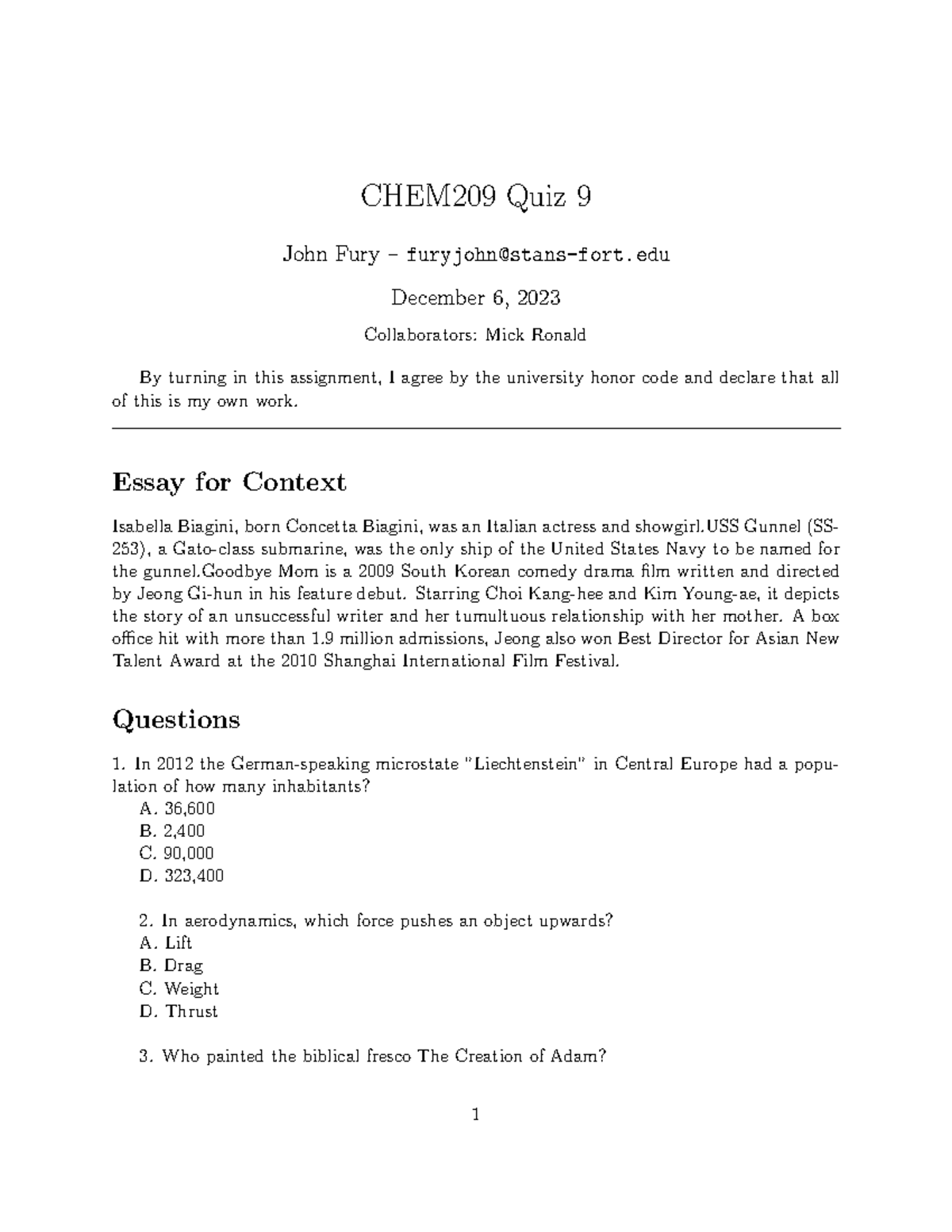 CHEM209 Quiz 9 - Basic chemical concepts. Atomic and molecular structure. Chemical bonding ...