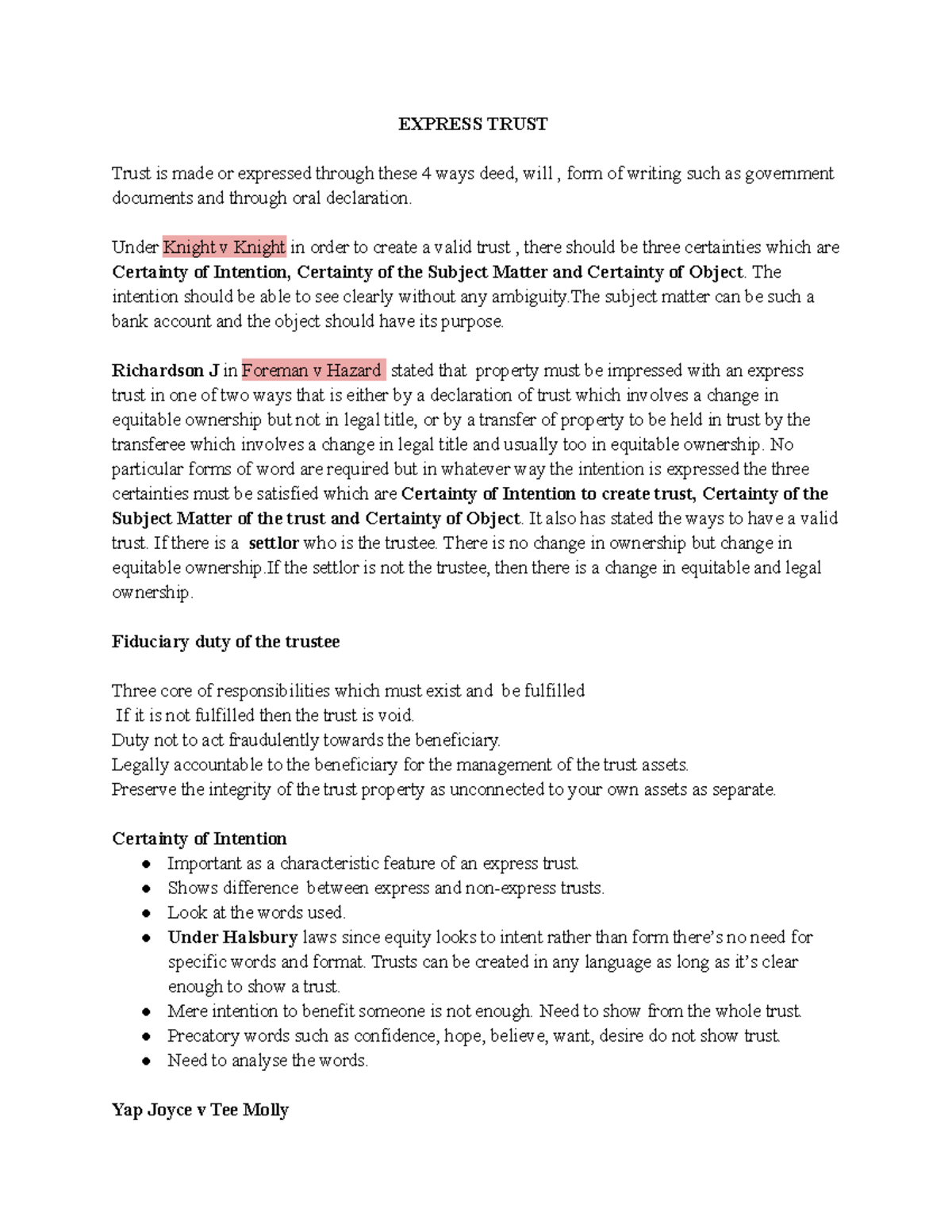 Topic 2 - Express Trust - EXPRESS TRUST Trust is made or expressed ...