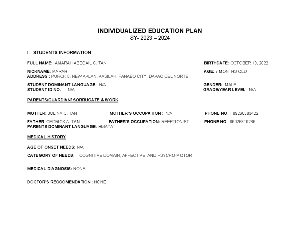 Individualized Education PLAN YLYN - INDIVIDUALIZED EDUCATION PLAN SY ...