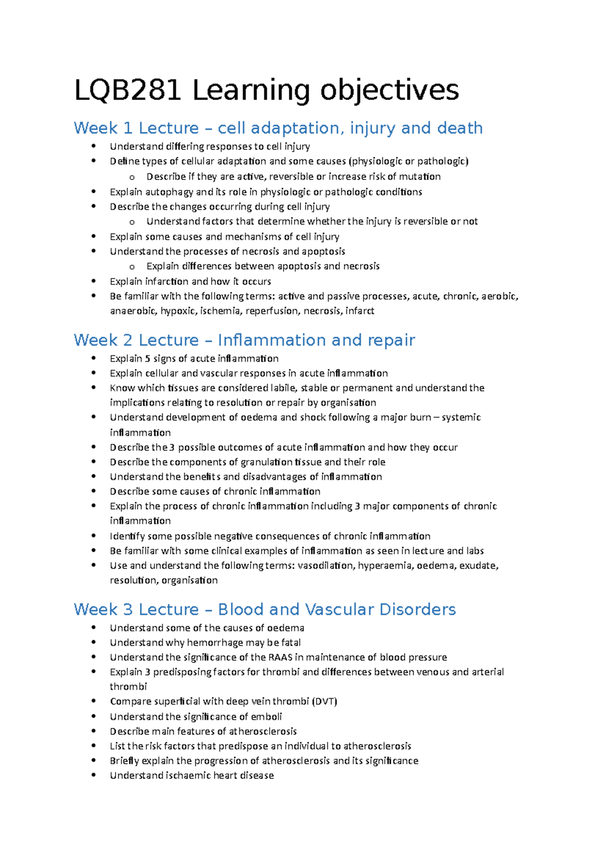 LQB281 Learning objectives week 1 -13 - Studocu