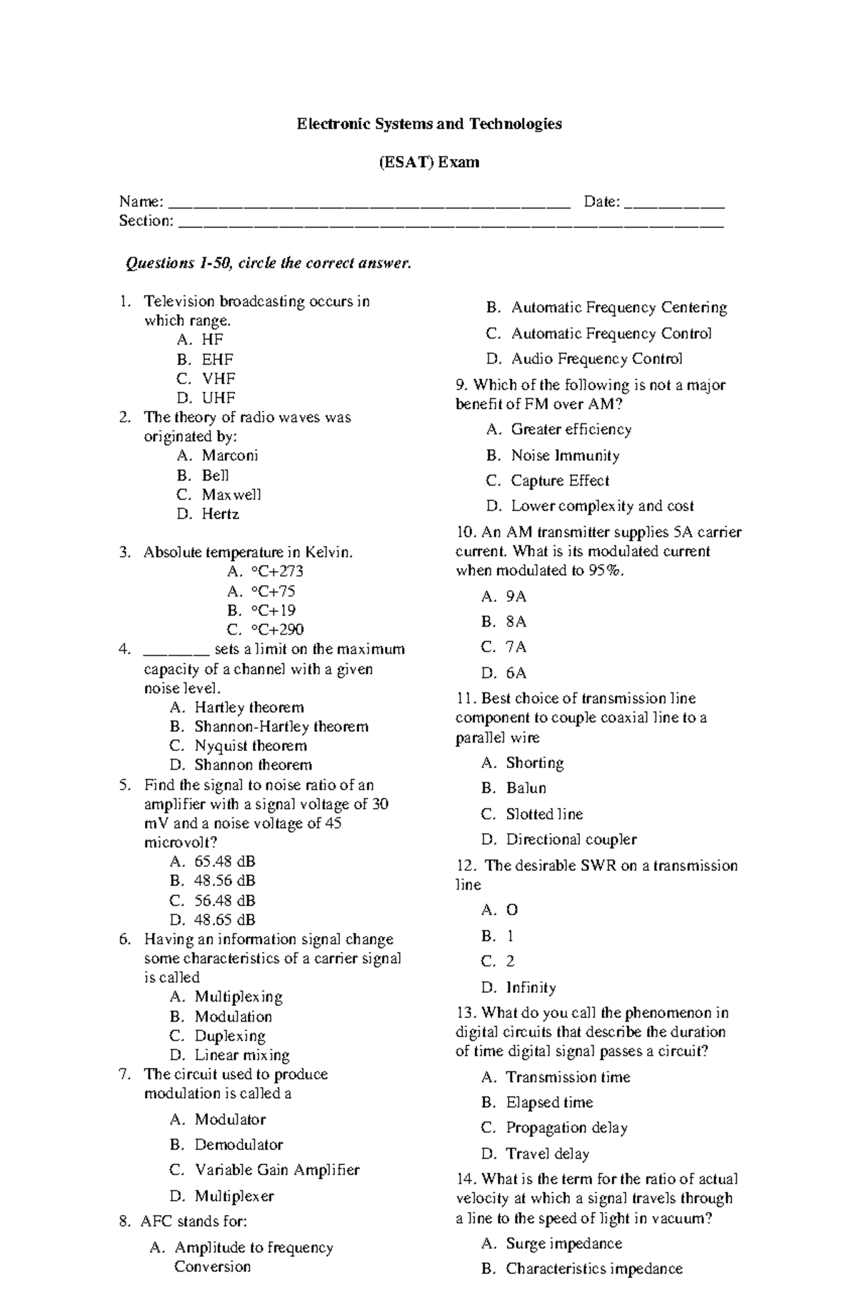 ESAT Exam - Communication Systems Exam - Electronic Systems and ...