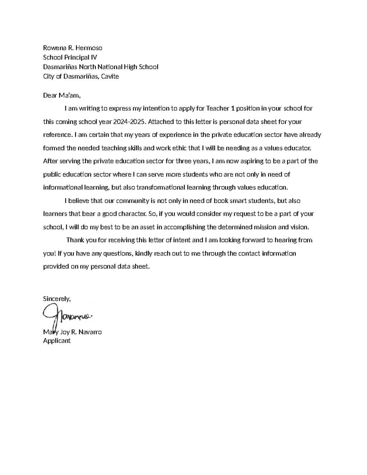Letter of Intent North - Rowena R. Hermoso School Principal IV ...