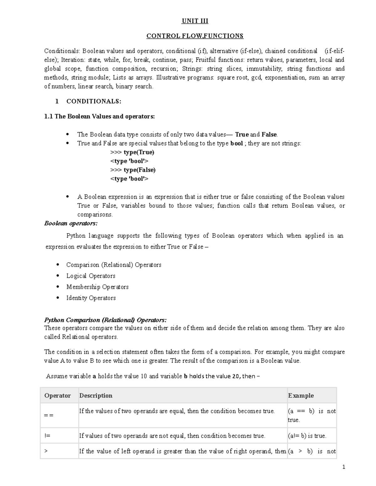 Ut 3 - useful - UNIT III CONTROL FLOW,FUNCTIONS Conditionals: Boolean values and operators ...