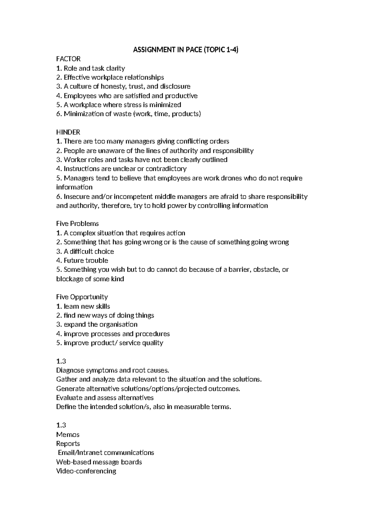 Assignment IN PACE - pace111 - ASSIGNMENT IN PACE (TOPIC 1-4) FACTOR Role and task clarity ...