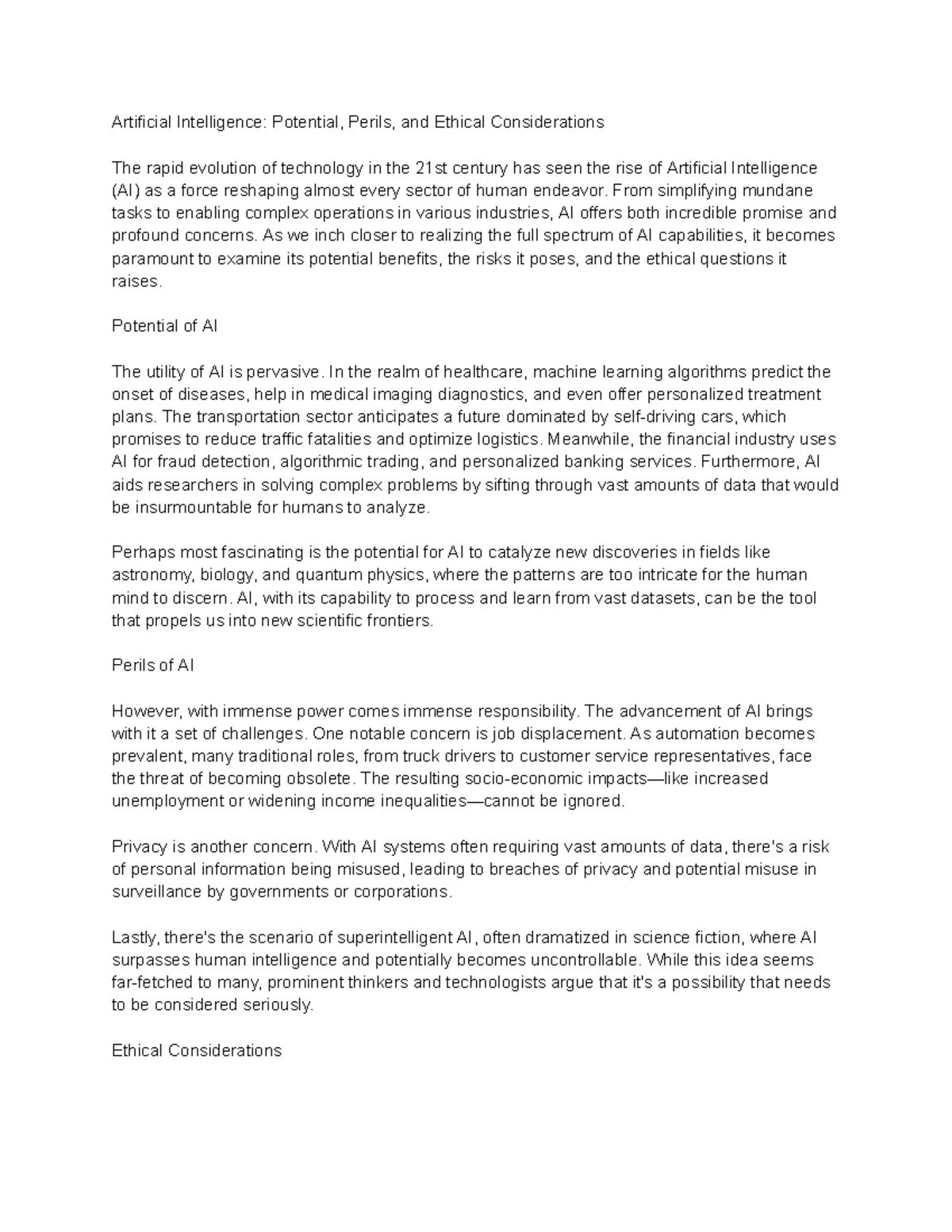 AI Essay - Artificial Intelligence: Potential, Perils, and Ethical ...