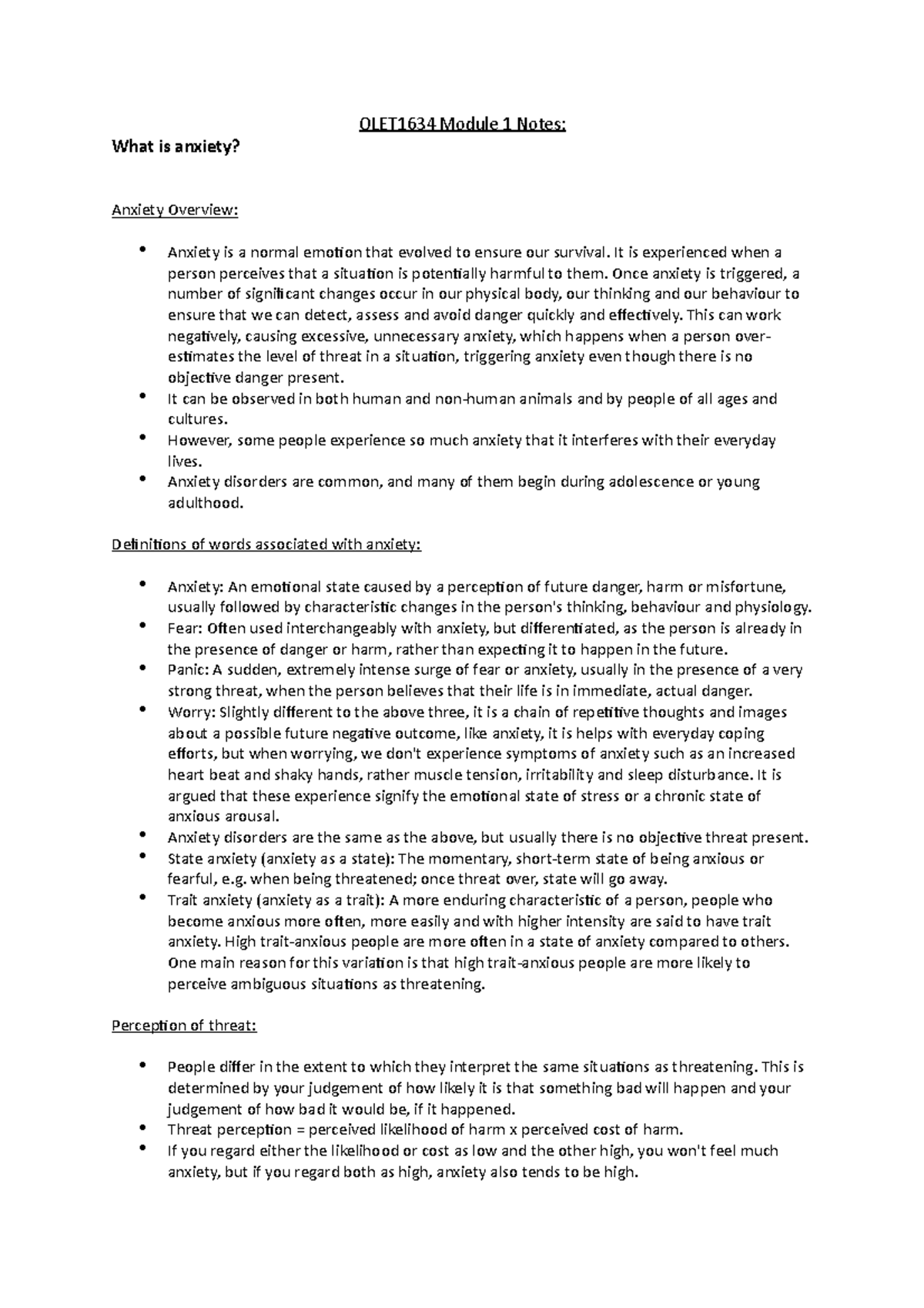 OLET1634 Module 1 Notes - OLET1634 Module 1 Notes: What is anxiety ...