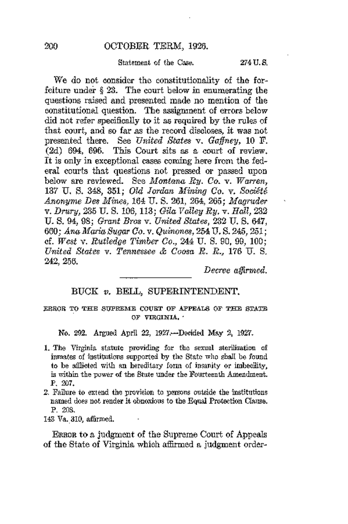 Buck v. Bell, 274 U.S. 200 (1927) - OCTOBER TERM, 1926. Statement of ...