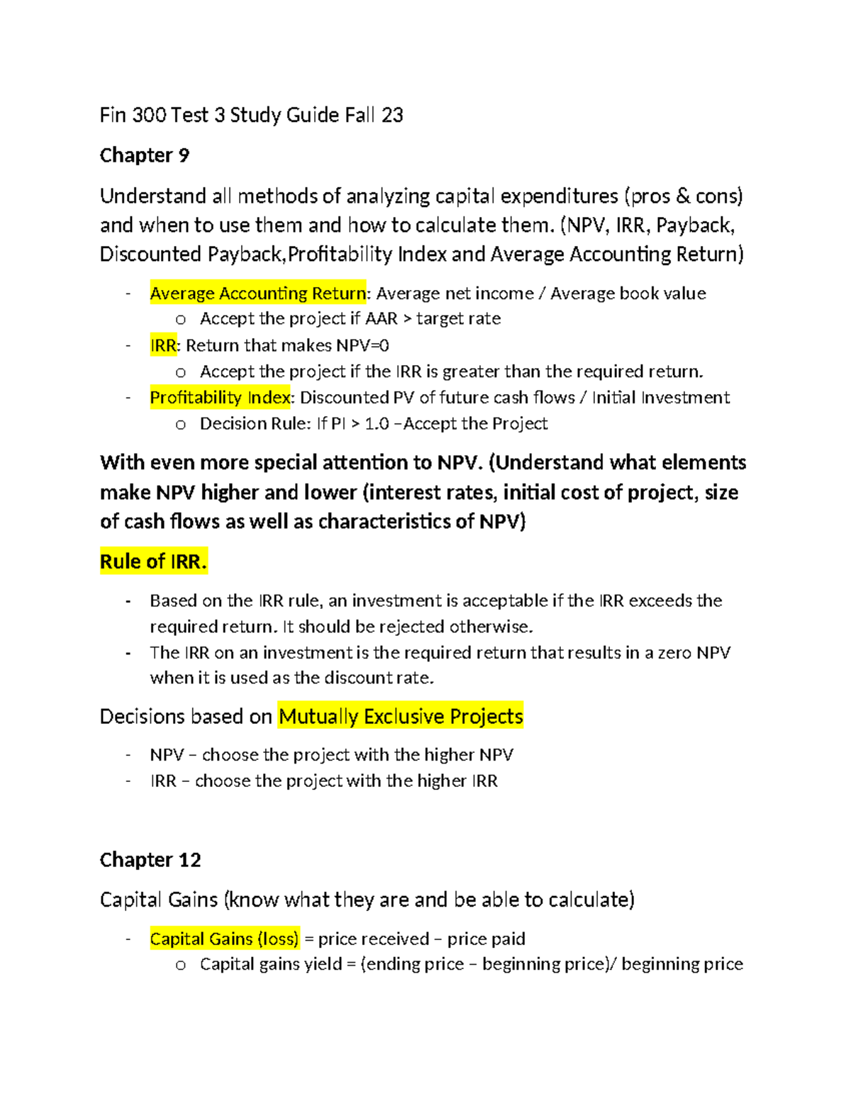 Fin 300 Test 3 Study Guide - Fin 300 Test 3 Study Guide Fall 23 Chapter ...