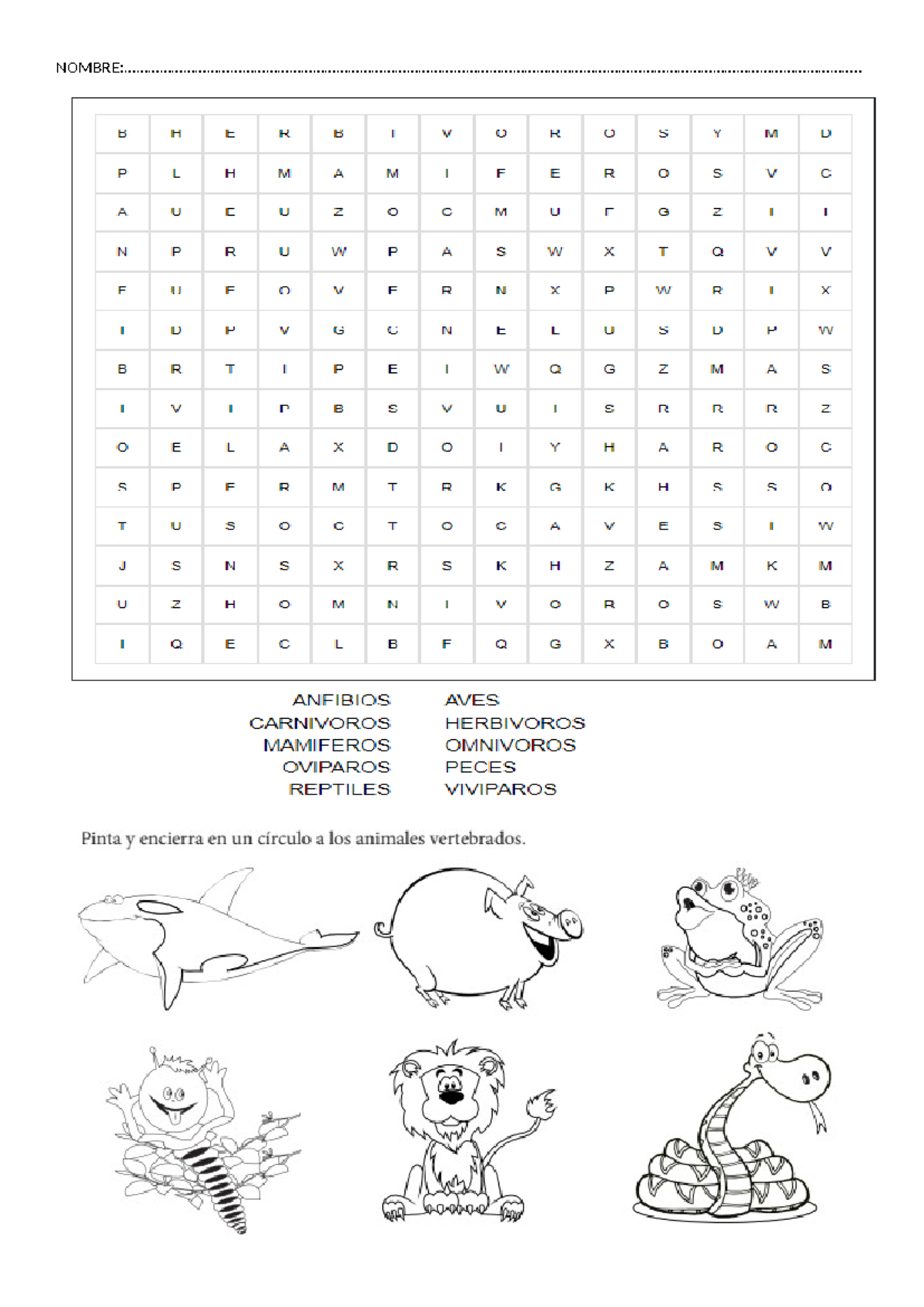 Animales Vertebrados - sopa de letras - edg, ciencias - NOMBRE ...