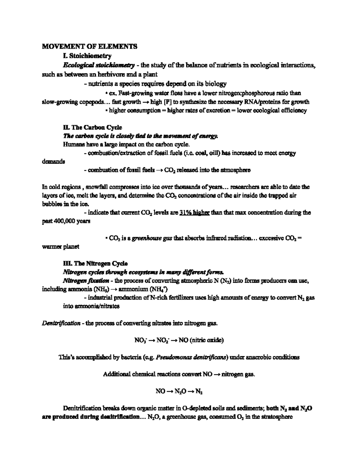 Movement of Elements - notes - MOVEMENT OF ELEMENTS I. Stoichiometry ...
